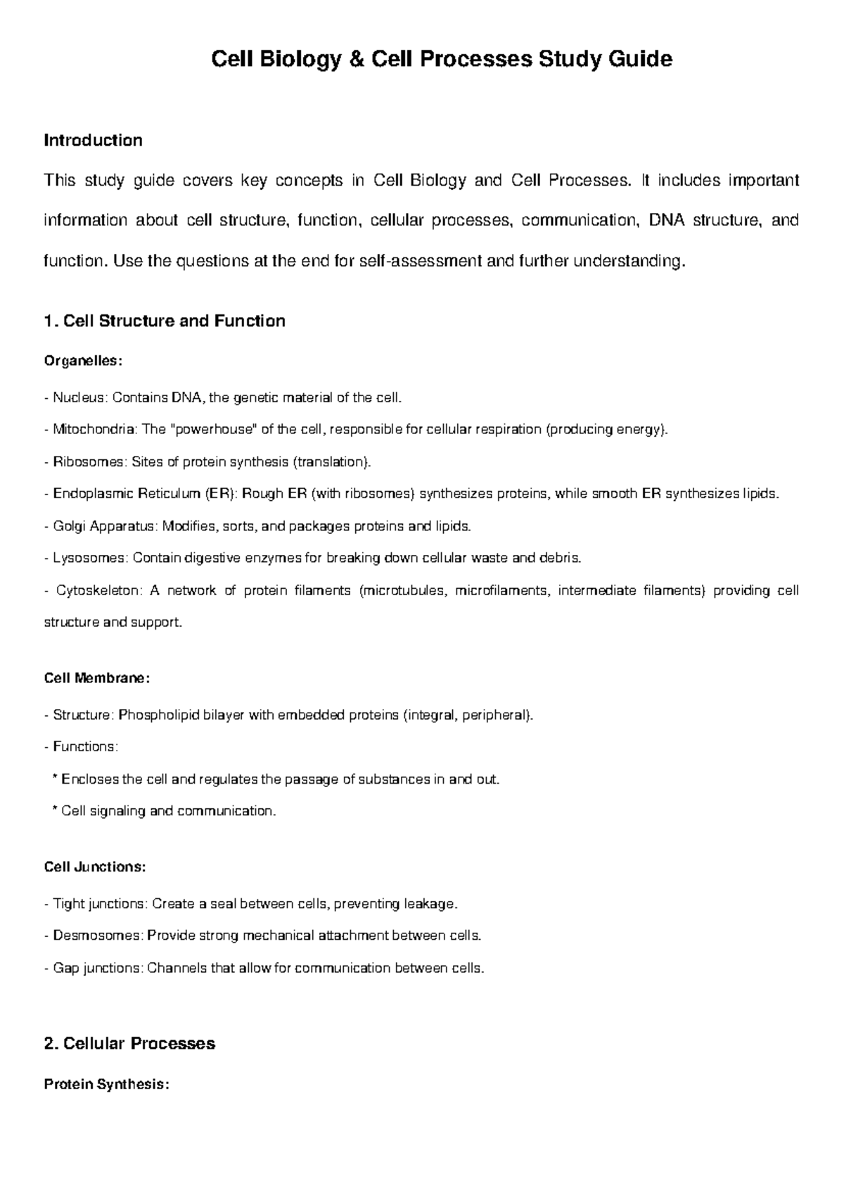 Cell Biology (BIO101) Cell Processes Study Guide - Studocu