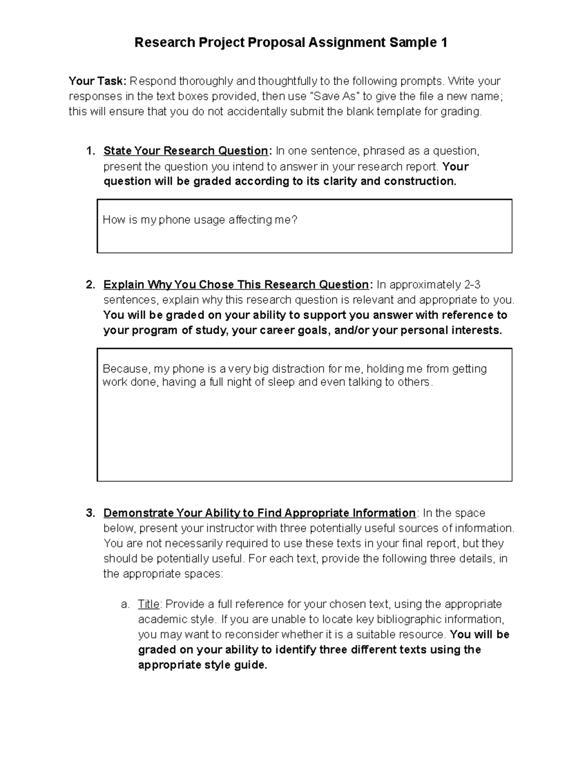 Research Proposal sample 1 - Research Project Proposal Assignment Sample 1 Your Task: Respond ...