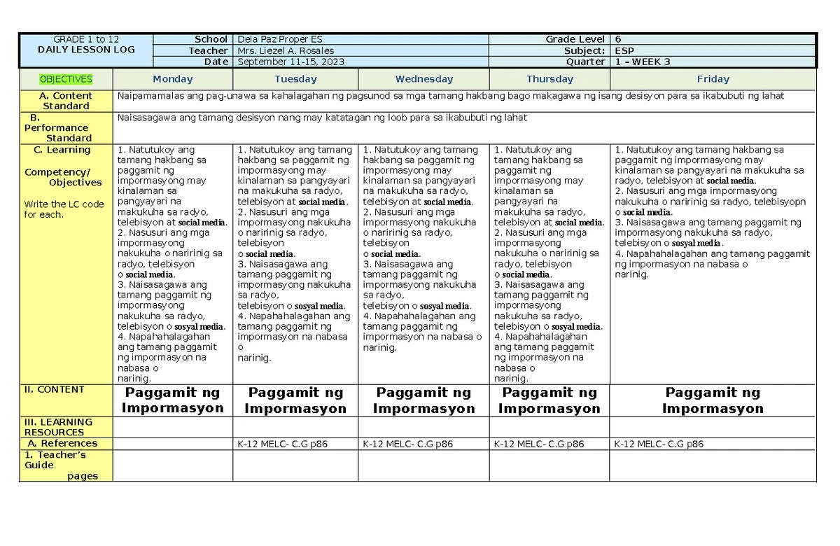 WEEK 2 - DLL Grade 6 ESP Learning Plan Sample (Sept 4-8, 2023) - Studocu