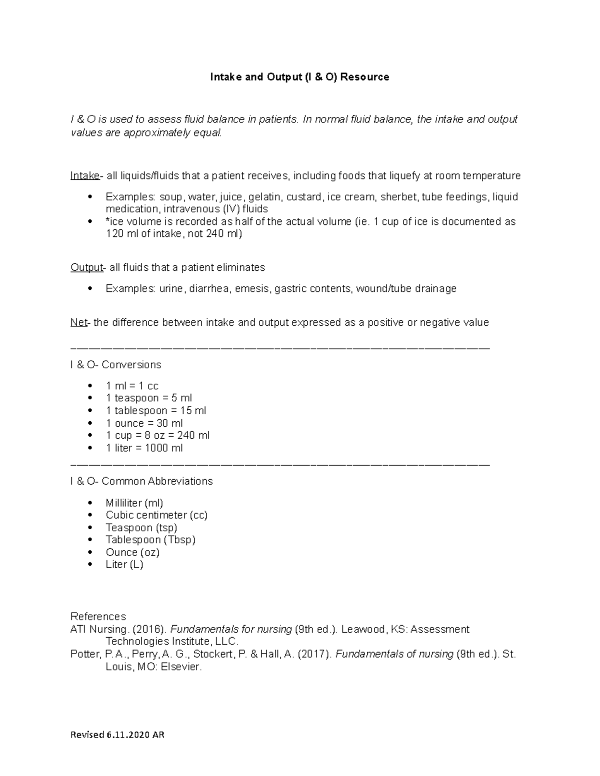 WK 5 Intake and Output Resource - Intake and Output (I & O) Resource I ...