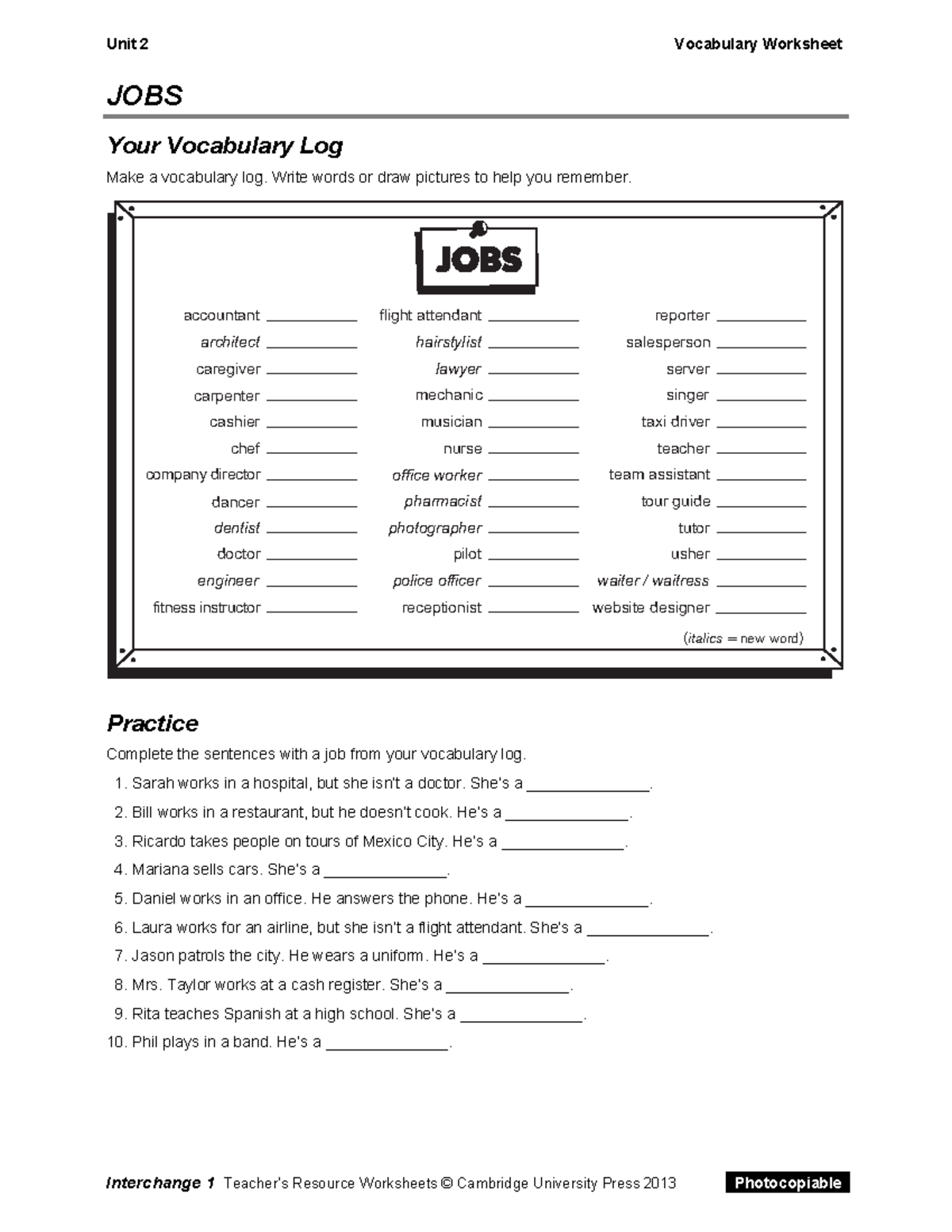 Interchange 1 Level 1 Unit 02 Vocabulary Worksheet for Jobs - Studocu