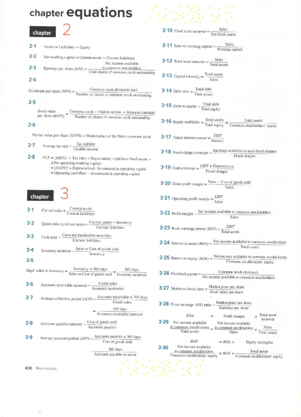 Chapter 2 & 3 Formula Sheet: Fixed Asset Turnover & Ratios - Studocu