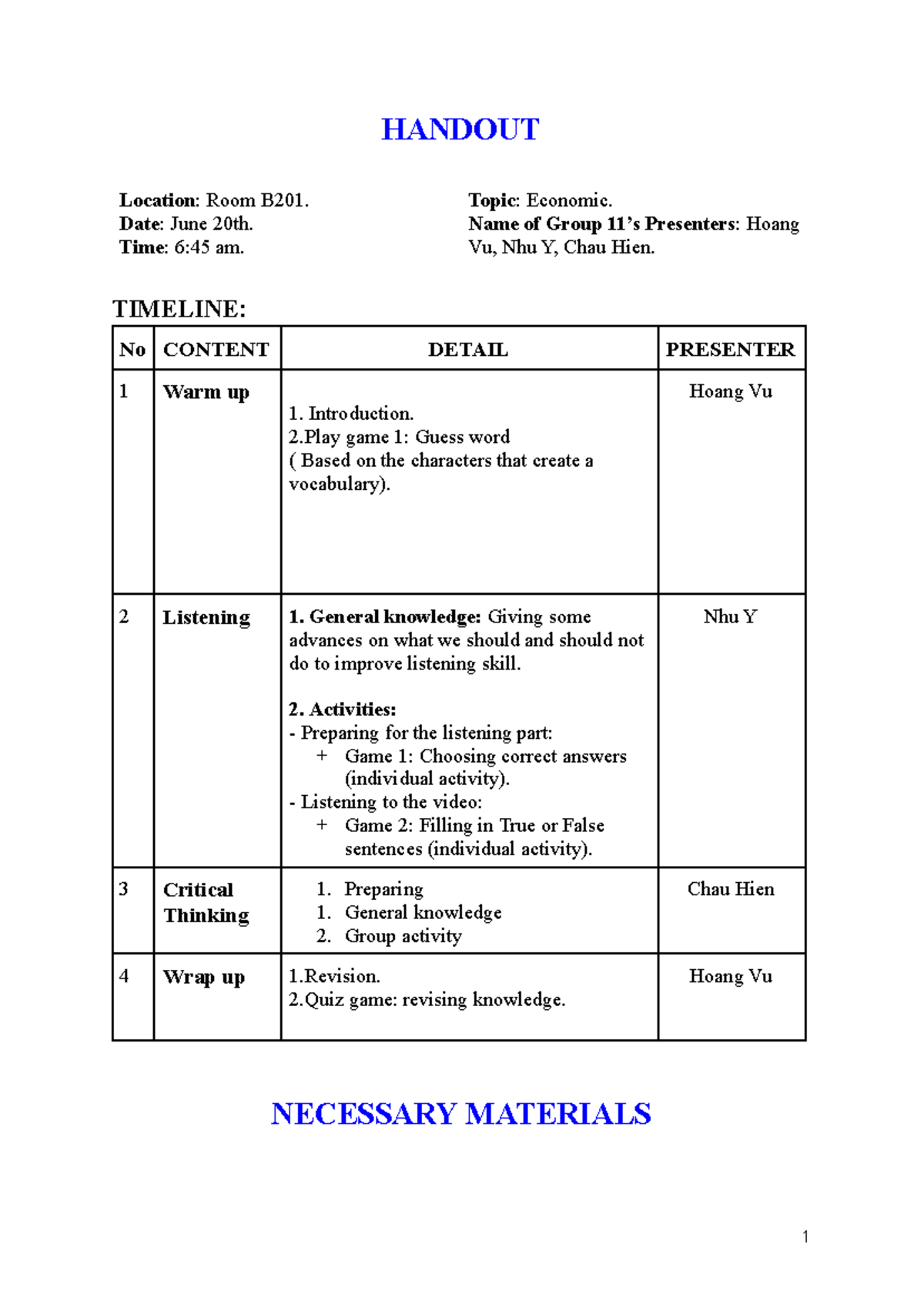 Handout từ vựng chuẩn bị cho bài thuyết trình tiếng anh - HANDOUT ...