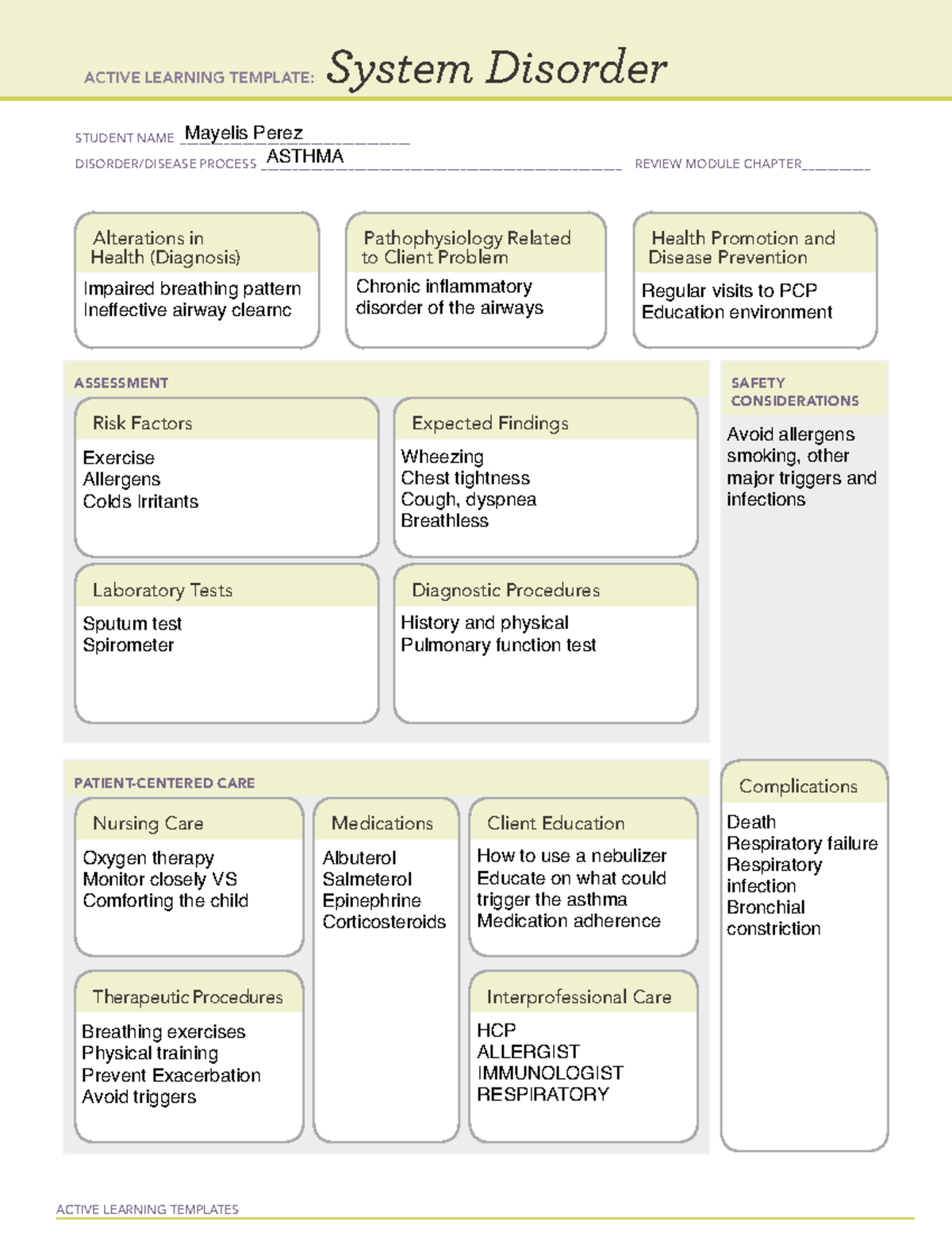 ACTIVE LEARNING TEMPLATE: Asthma Process Review - System Disorder - Studocu