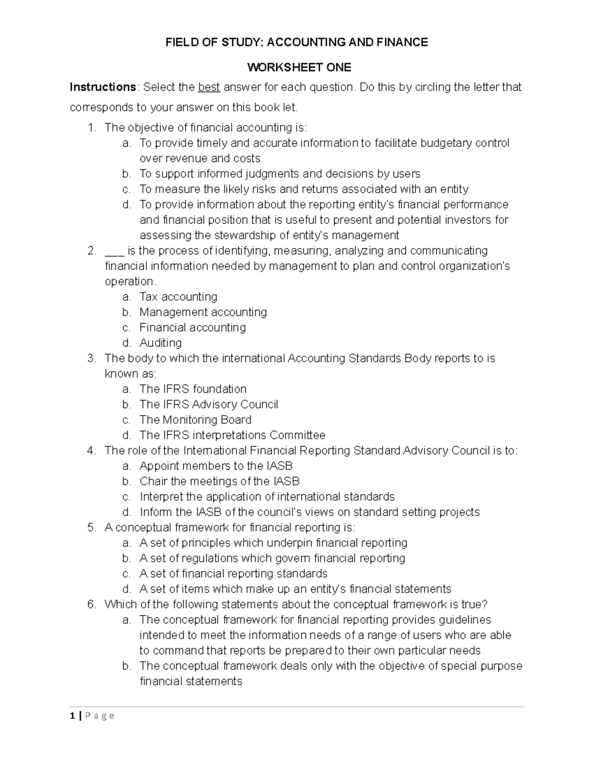 Accounting and finance worksheet one - FIELD OF STUDY: ACCOUNTING AND ...