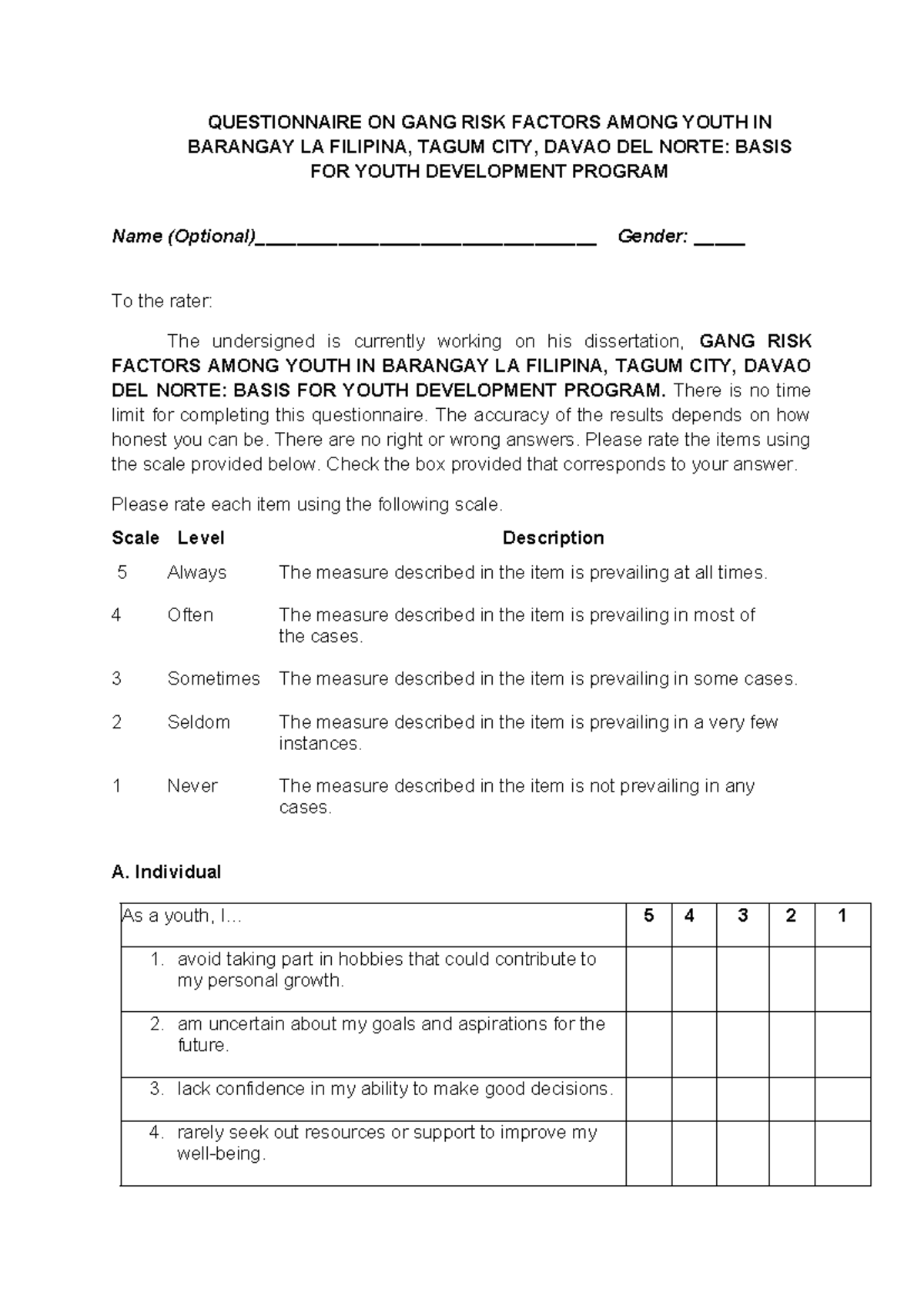 Z2 096 Questionnaire on Youth Gang Risk Factors in Barangay La Filipina ...