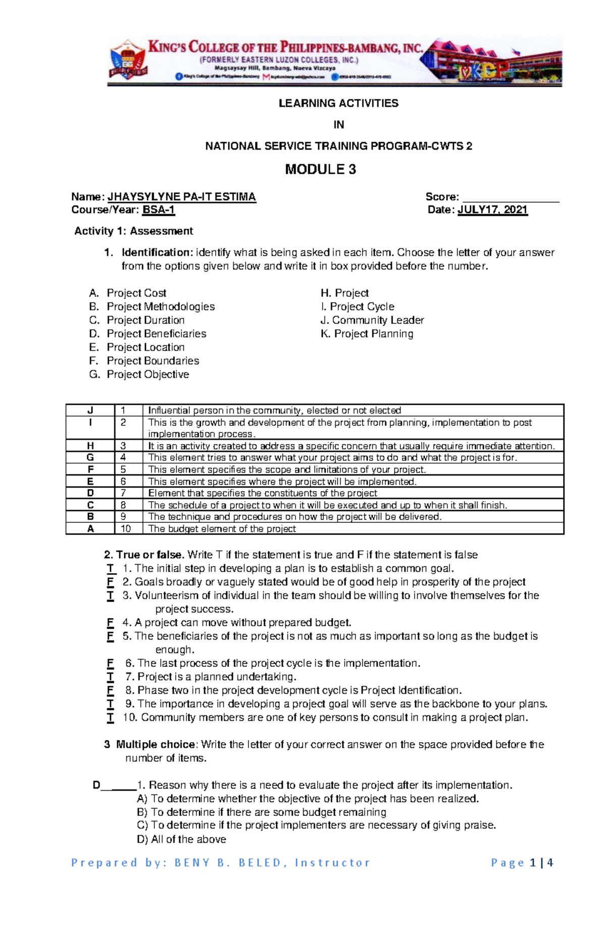 Module 3 lecture notes - LEARNING ACTIVITIES IN NATIONAL SERVICE ...