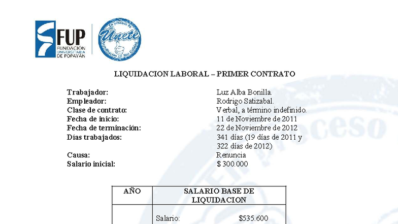 LIQUIDACION LABORAL PRIMER Y SEGUNDO CONTRATO - Luz Alba Bonilla - Studocu