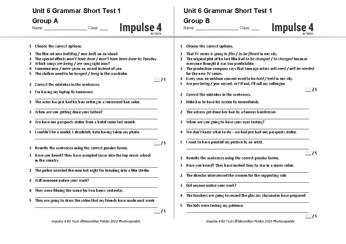 Unit 6 Grammar Short Test 1 A+B - Impulse 4 B2 - Studocu