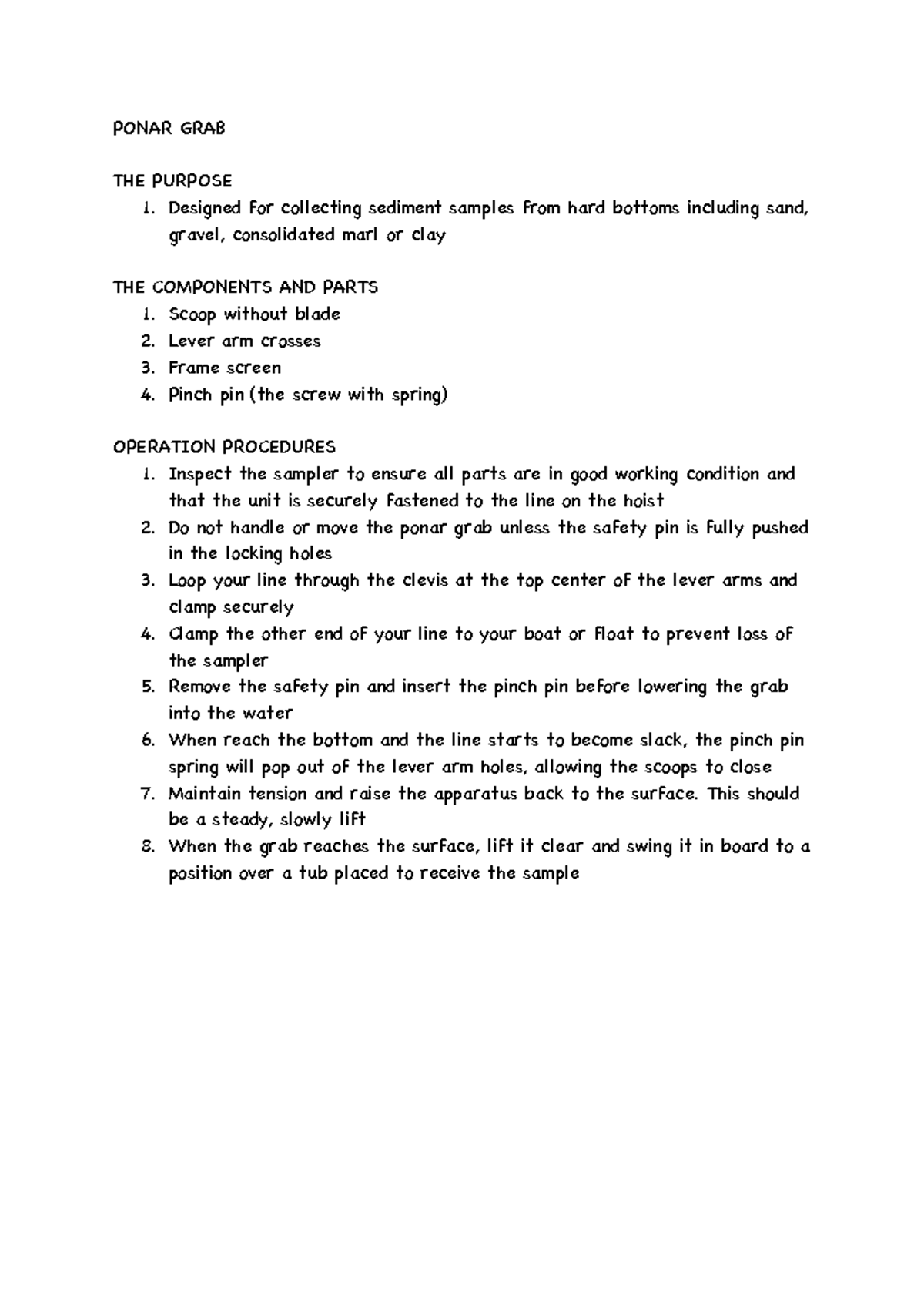 PONAR GRAB Notes: Operational Procedures & Sample Preservation Methods ...