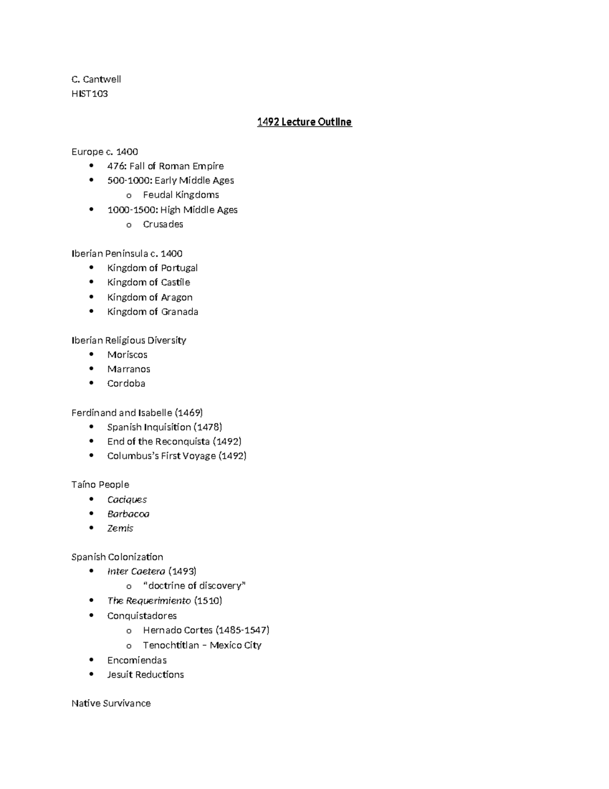 HIST103: 1492 Lecture Outline on European and Iberian History - C ...