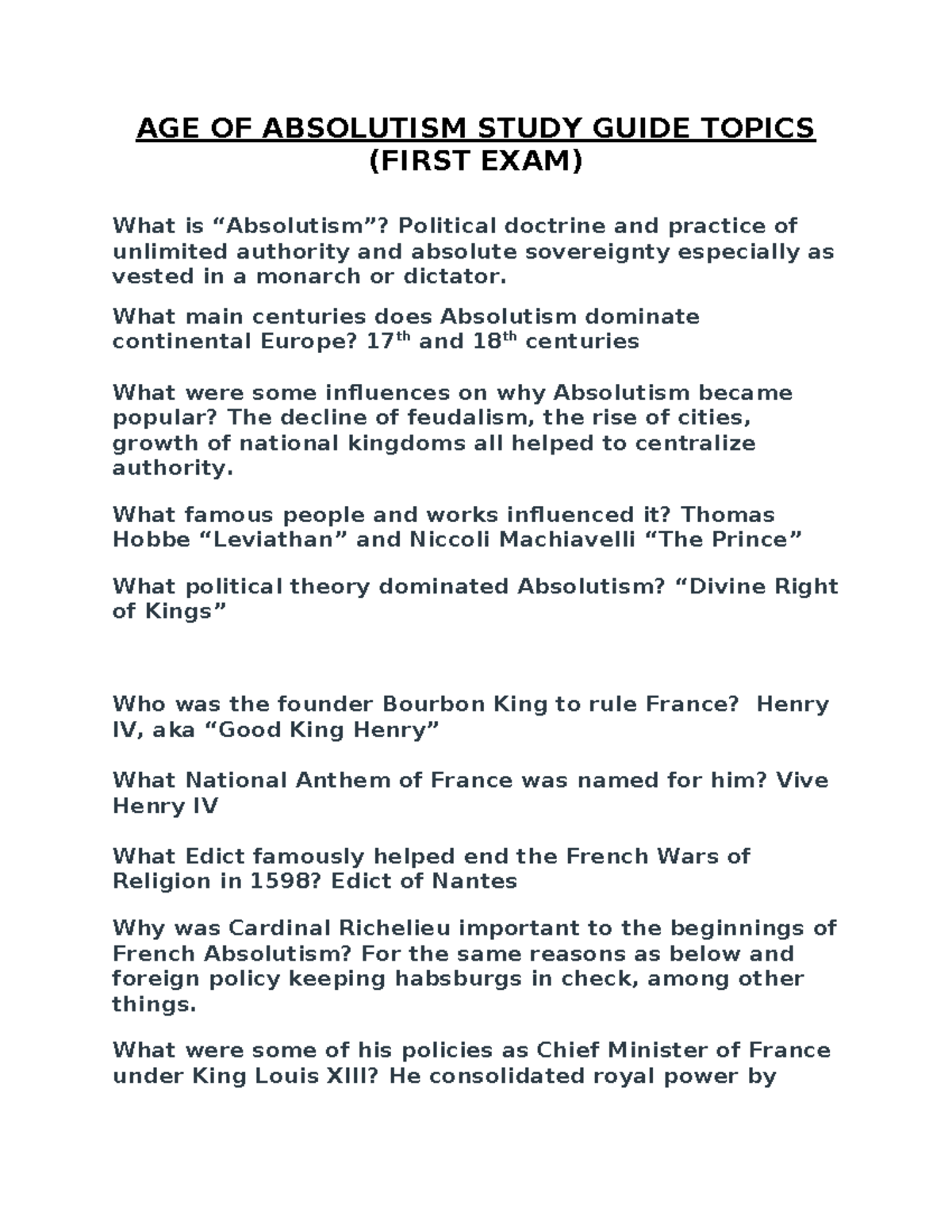 AGE OF ABSOLUTISM STUDY GUIDE (HIST 101 - FIRST EXAM) - Studocu