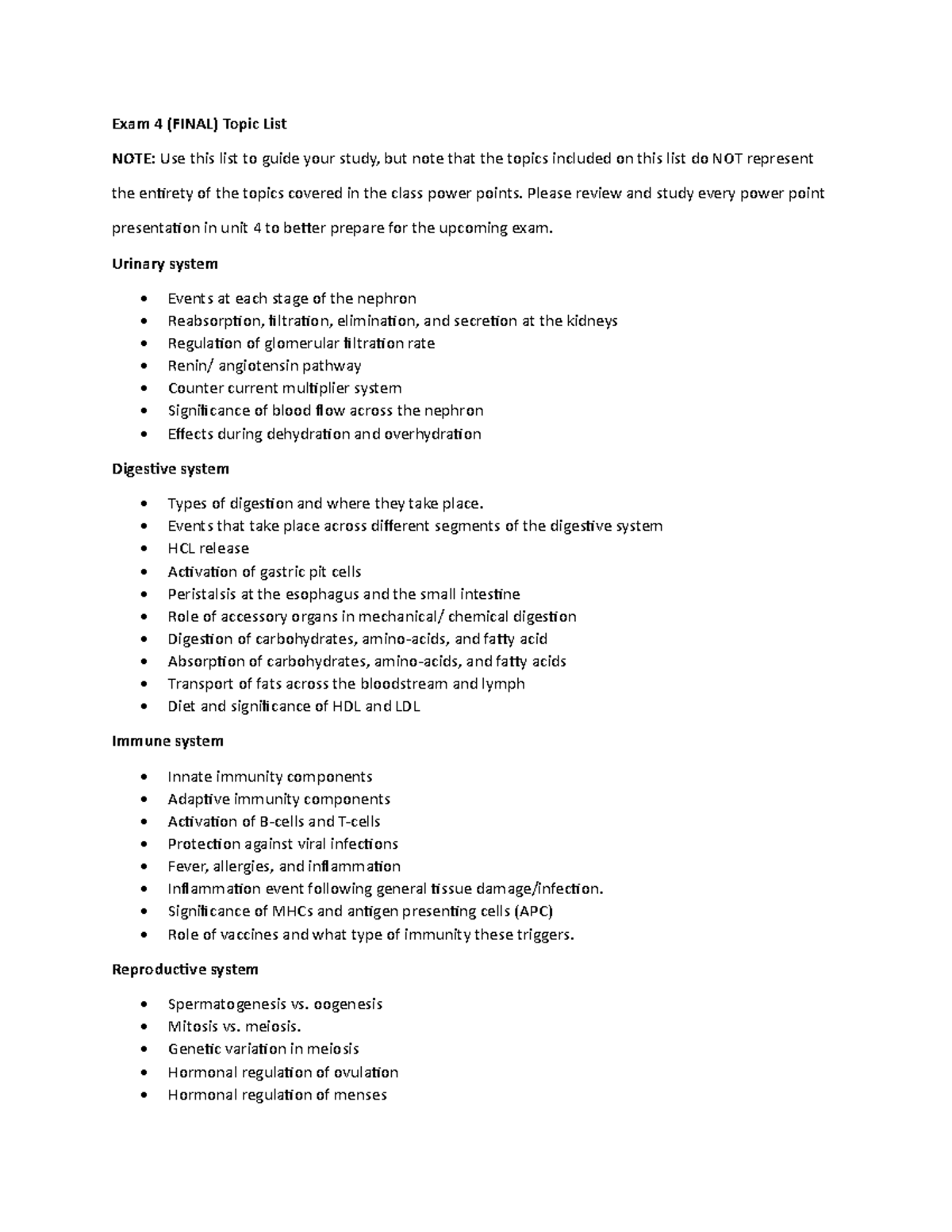Exam 4 (FINAL) Topic List for Biology 101 - Studocu