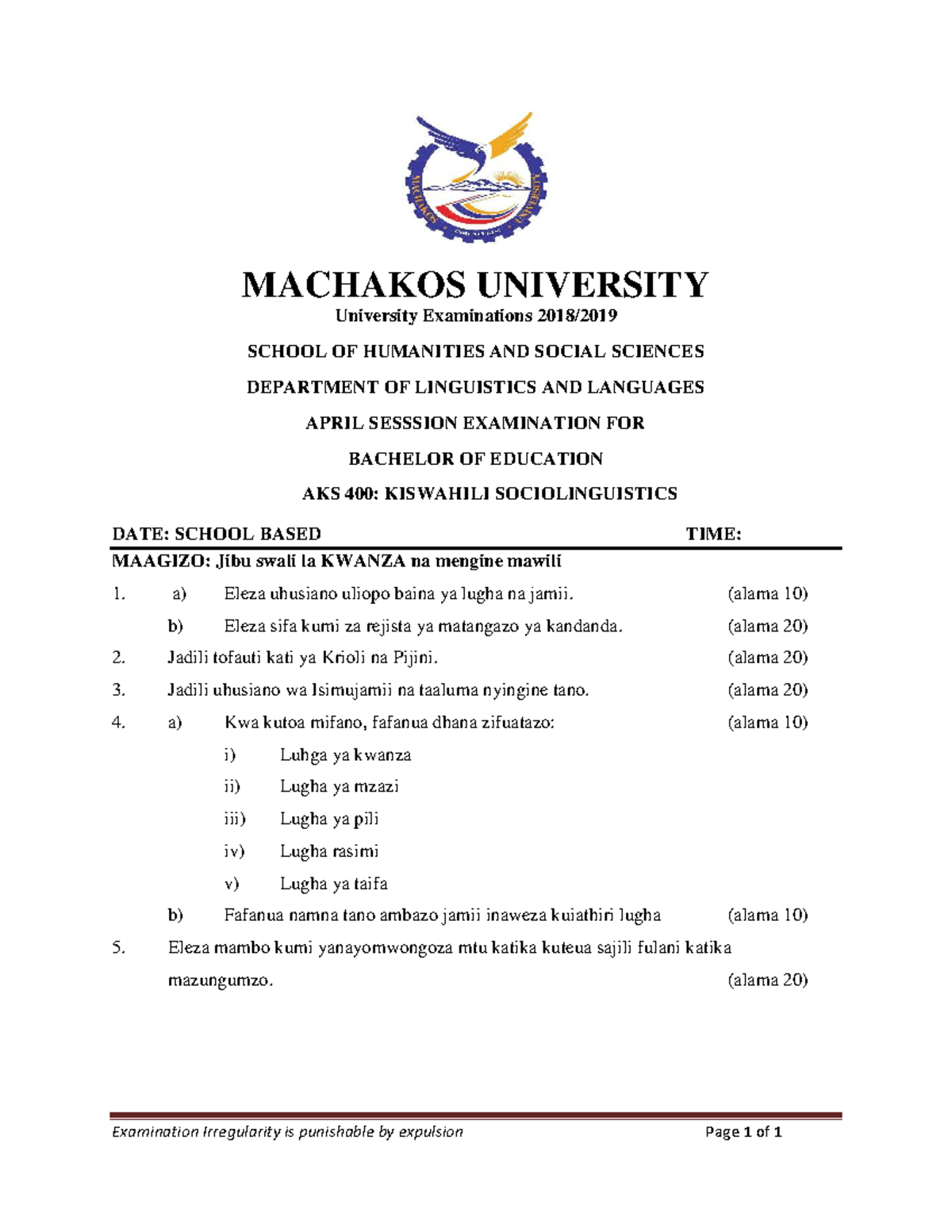 AKS 400: Kiswahili Sociolinguistics Exam Questions and Guidelines - Studocu