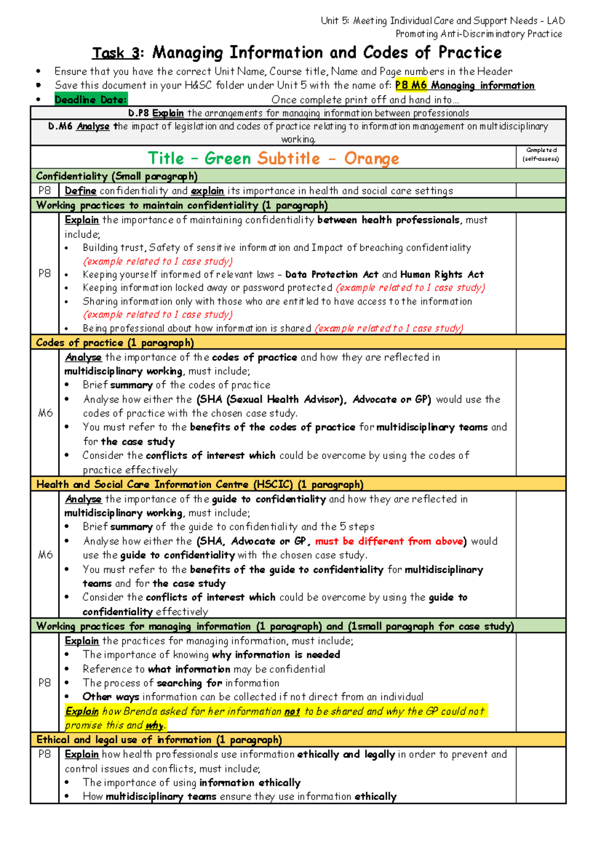 Unit 5 LAD Task 3 Checklist - Unit 5: Meeting Individual Care and Support Needs - LAD Promoting ...