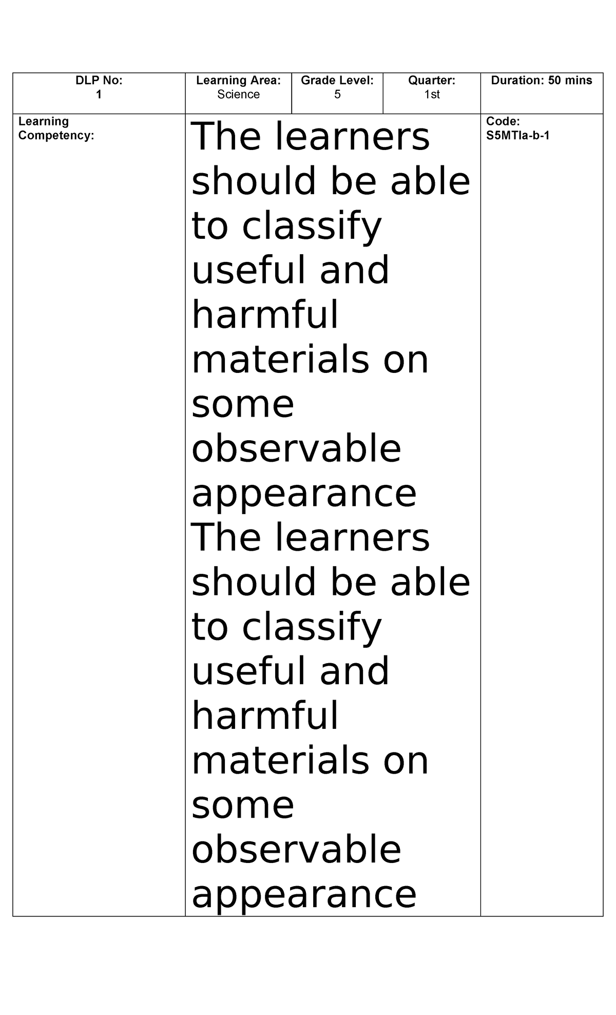 DLP No: 1 Science Lesson on Classifying Materials (Grade 5, 1st Quarter ...