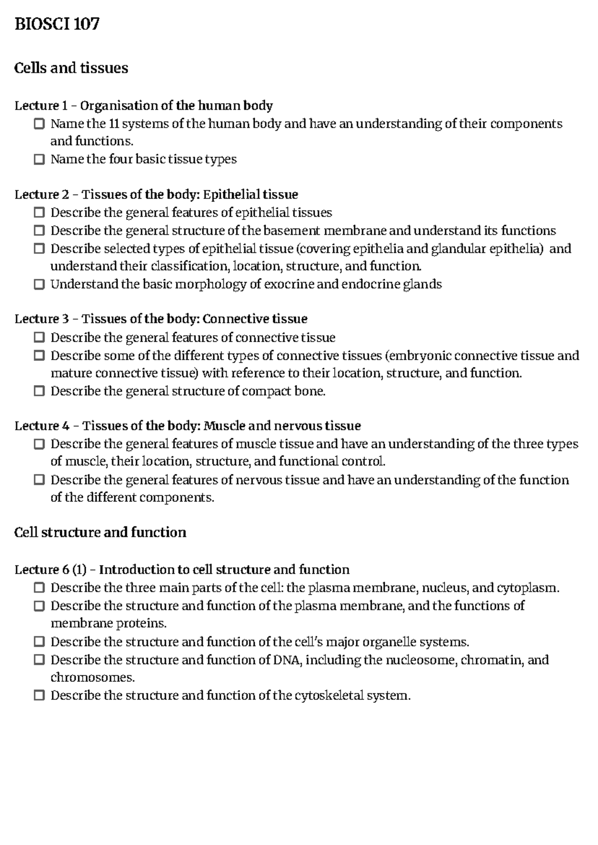 BIOSCI 107 Lecture Notes: Human Body and Cell Biology - Studocu