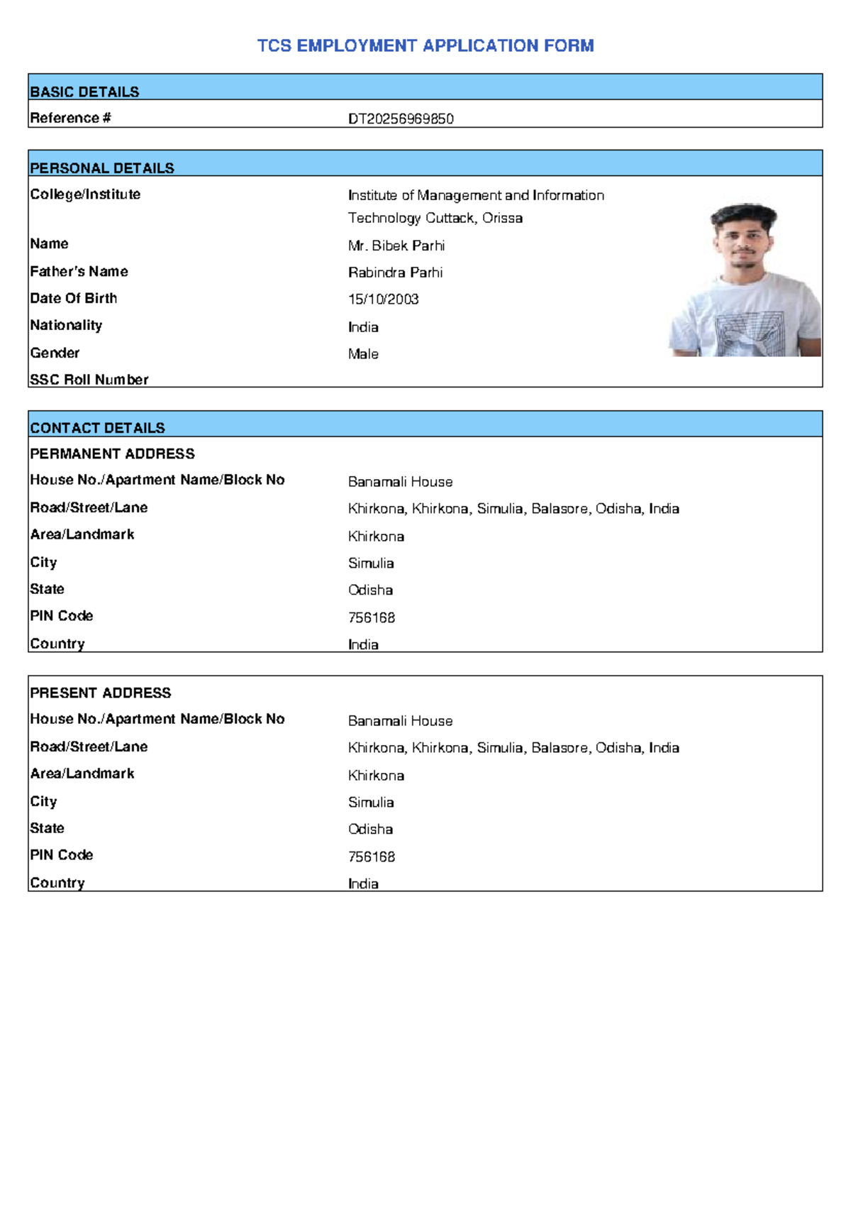 TCS Employment Application Form - Basic Details for Mr. Bibek Parhi ...