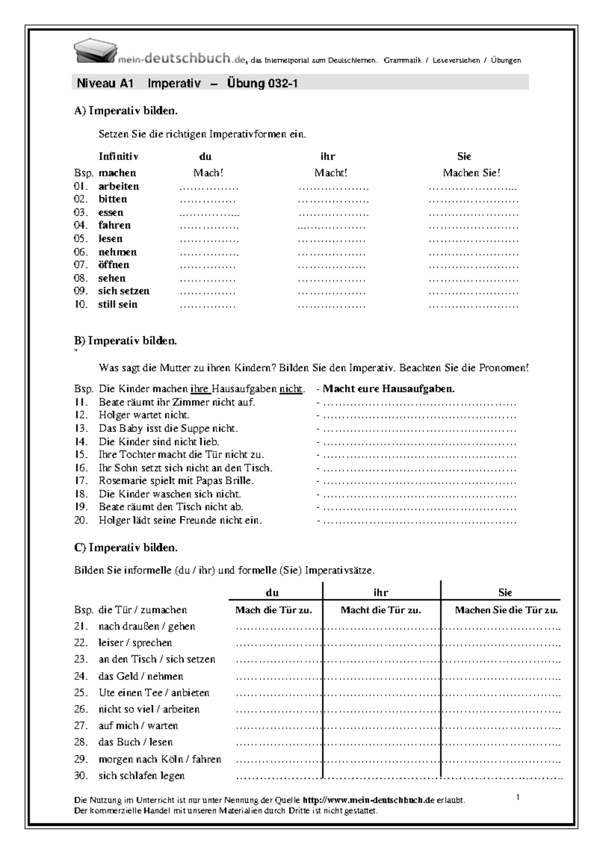Verben 032-1 U: Imperativ Übungen für Niveau A1 - Studocu