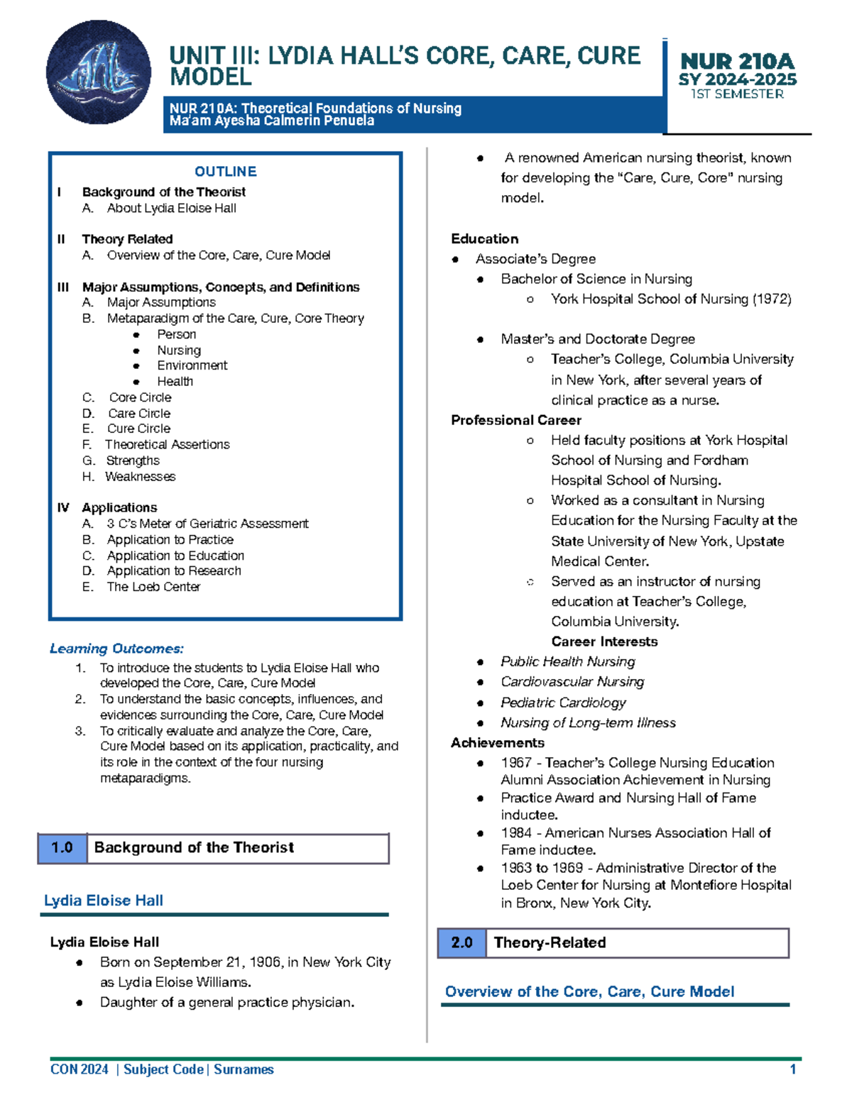 NUR 210A - Unit III: Understanding Lydia Hall's Core Care Cure Model ...