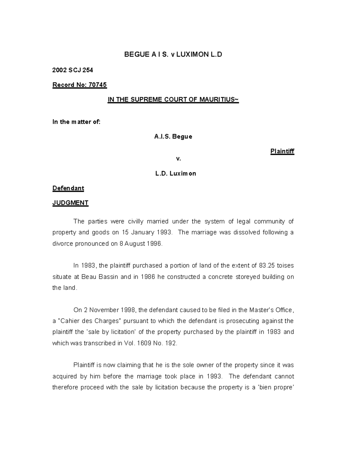 BEGUE A.I.S. v LUXIMON L.D. 2002 SCJ 254 Judgment Analysis - Studocu