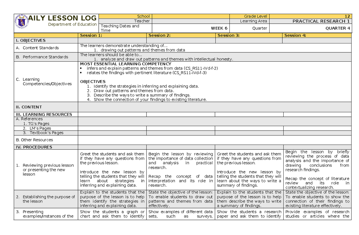 Practical Research 1 Quarter 4 WEEK 6 - DAILY LESSON LOG Department of ...