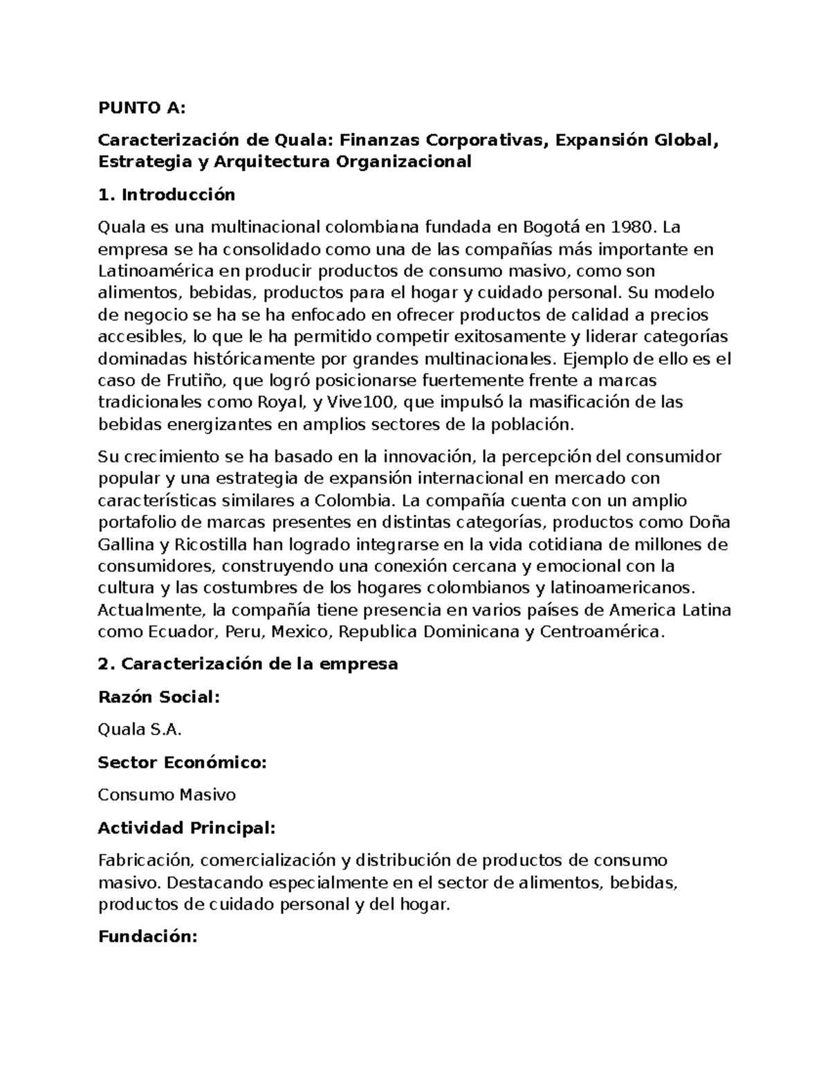 PUNTO A: Caracterización de Quala en Finanzas Corporativas y Estrategia ...