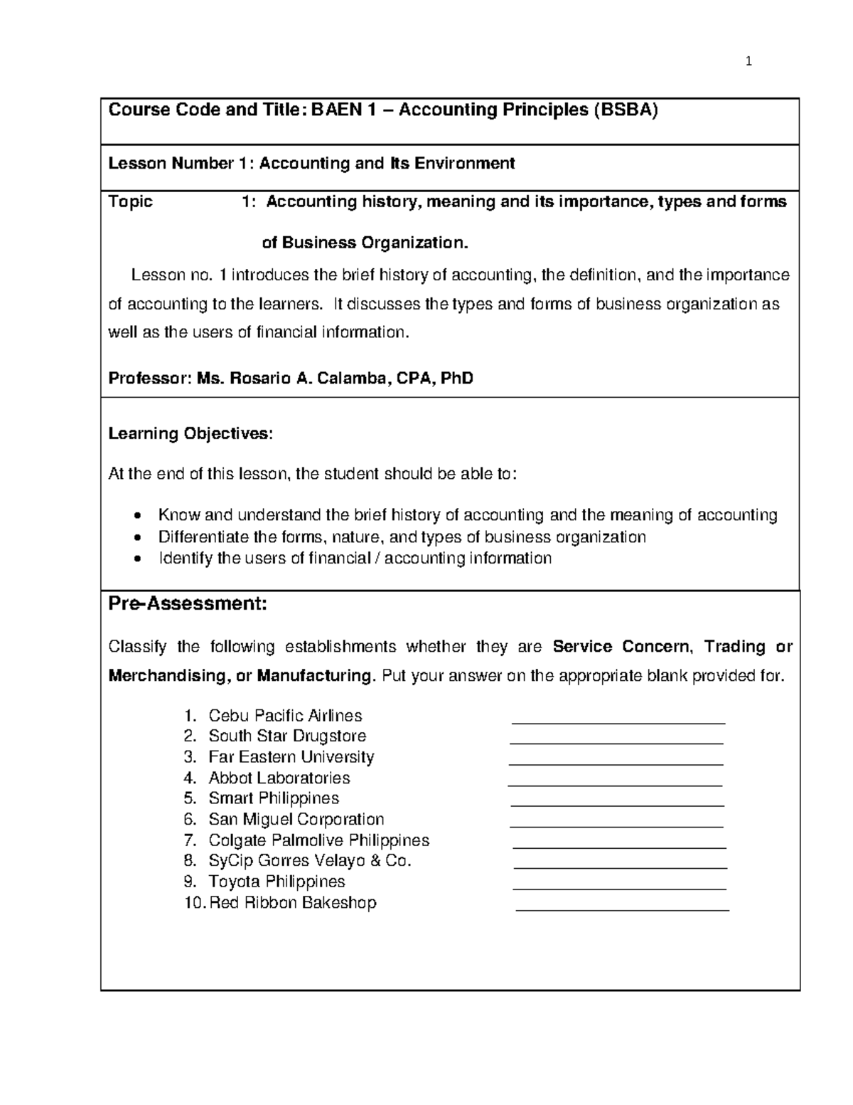 Module 1 BAEN 1 Accounting Principles - Pre-Assessment: Classify the ...