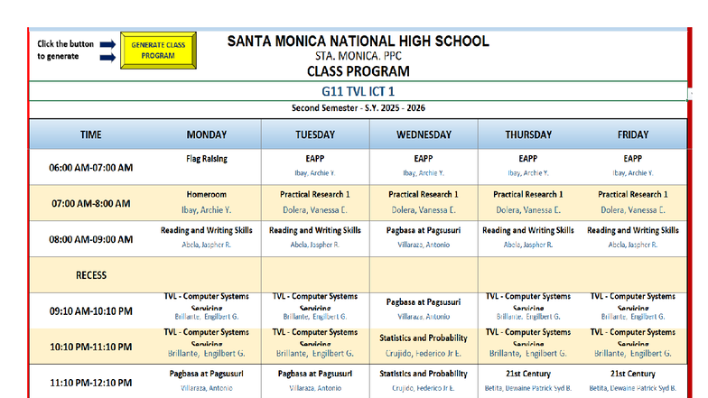 G11 TVL ICT 1 Second Sem S.Y. 2025-2026 Class Schedule - Studocu