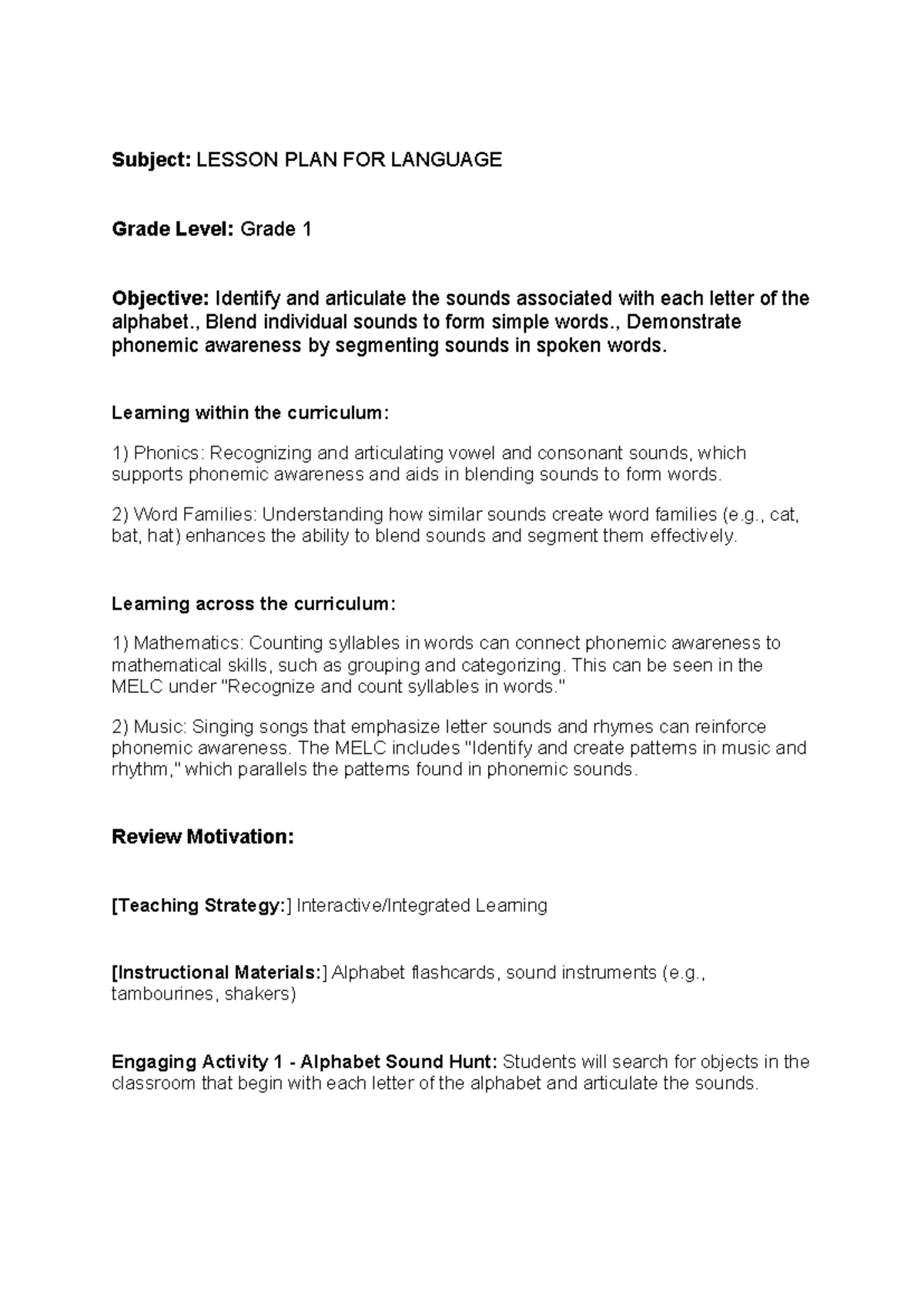 Grade 1 Phonics Lesson Plan: Engaging Activities for Sound Awareness ...