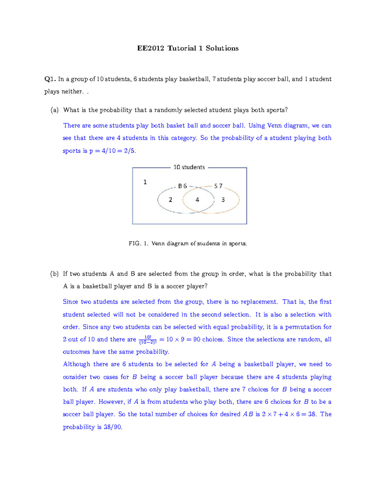 EE2012 Tutorial 1 Solutions: Probability Concepts and Calculations ...