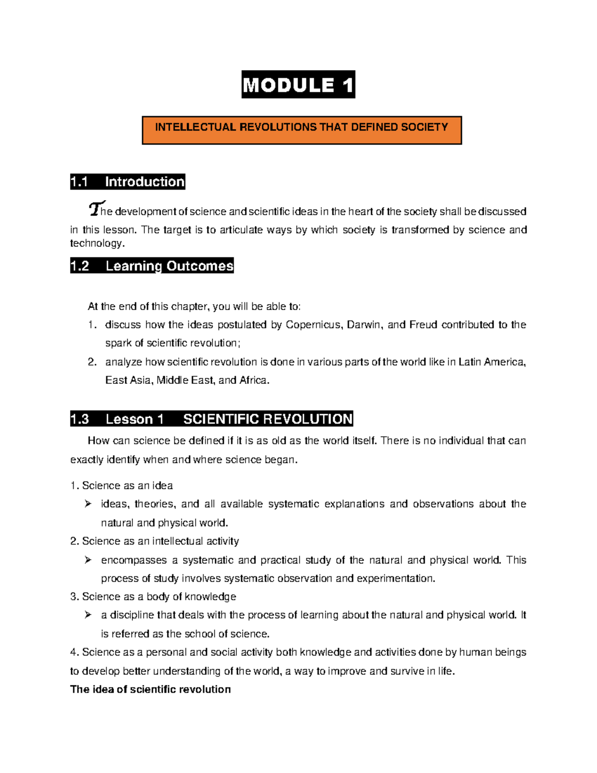 Module 1 STS: Lesson Plan on Scientific Revolution & Key Thinkers - Studocu