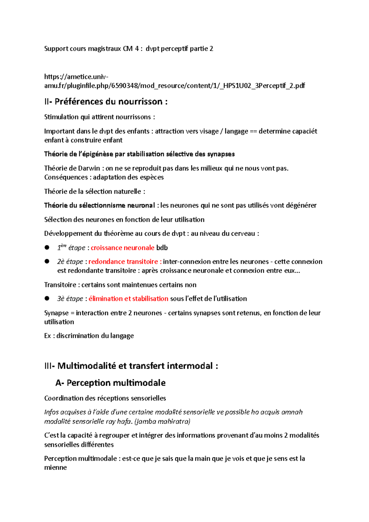 CM4 Intermodalité nourrissons - Support cours magistraux CM 4 : dvpt ...