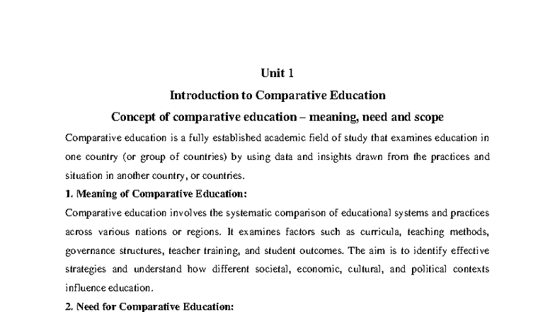 Unit 1: Intro to Comparative Education - Meaning, Need & Scope - Studocu