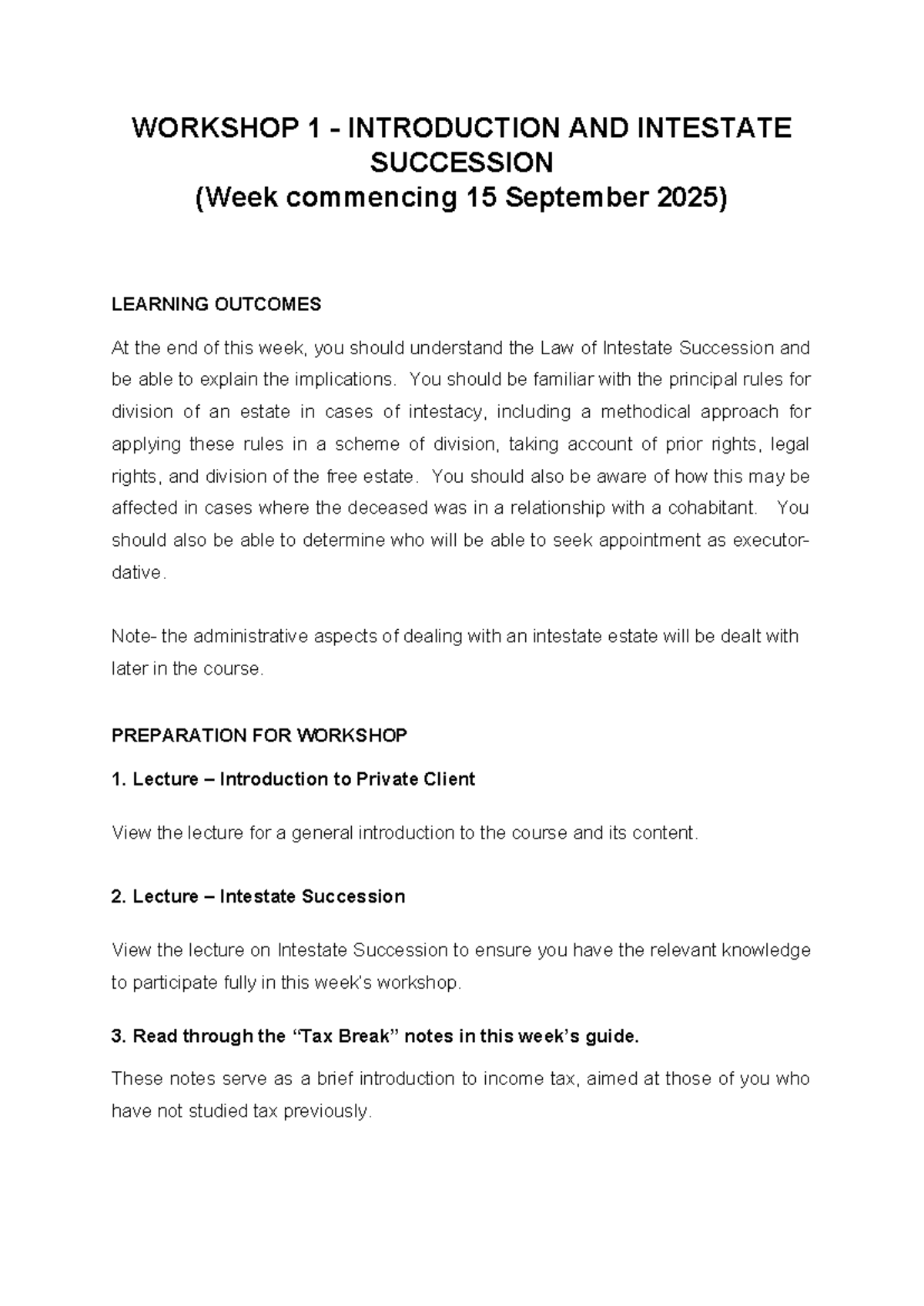 Workshop 1: Introduction to Intestate Succession (Law 101) - Studocu