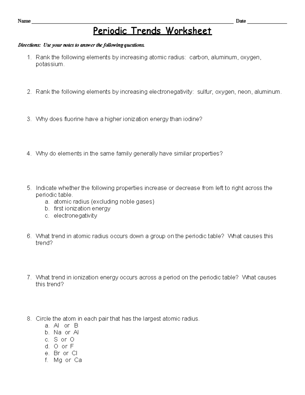 Dry Lab - Periodic trends - Name - Studocu