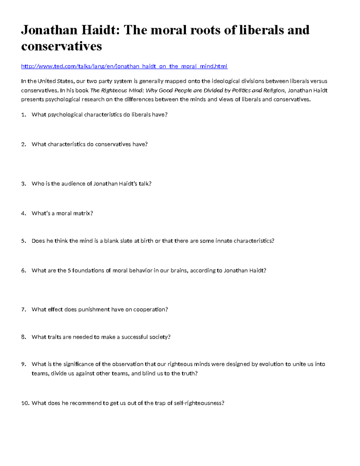 Ted Talk Study Guide - Jonathan Haidt: The moral roots of liberals and ...