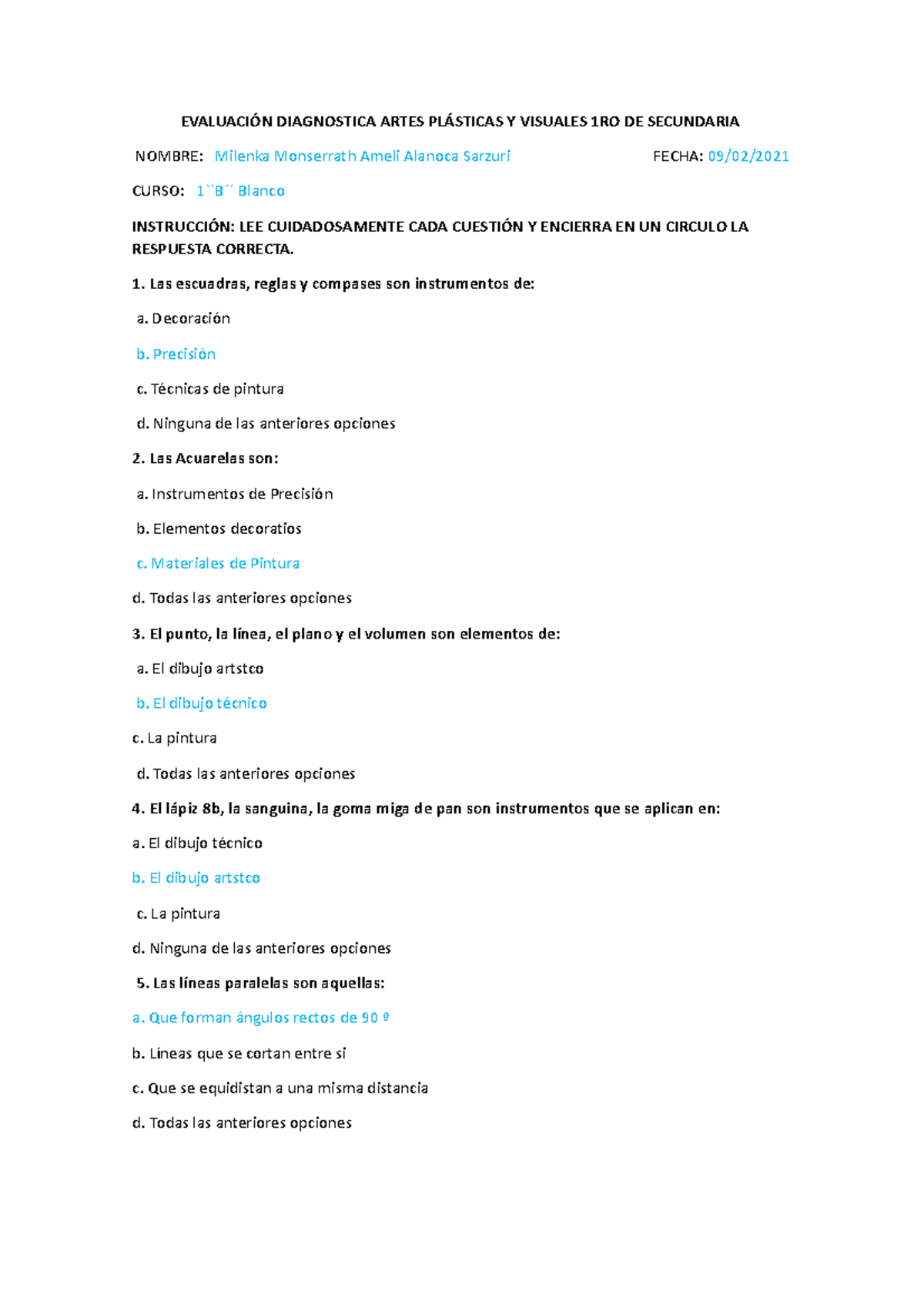 Evaluación Diagnóstica en Artes Plásticas 1RO Secundaria - Studocu