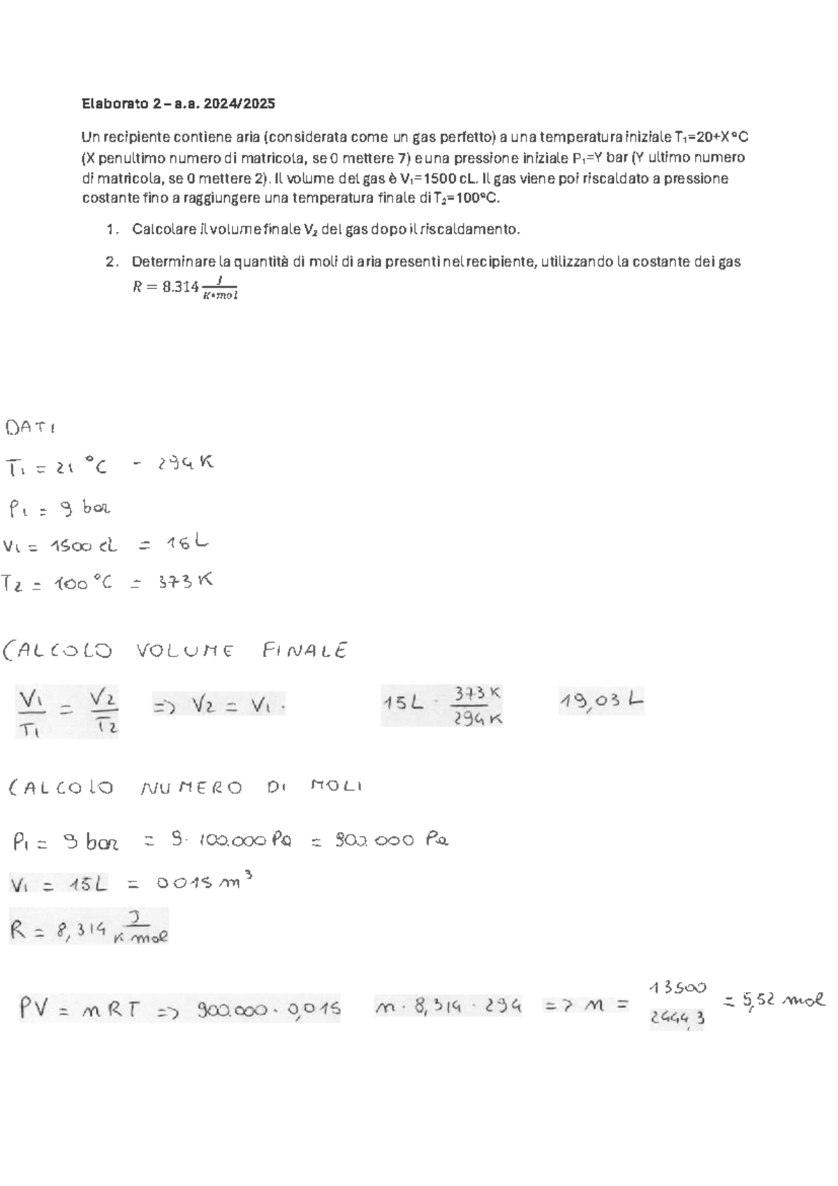 Elaborato 2 - Calcolo del Volume Finale del Gas in Fisica Tecnica ...