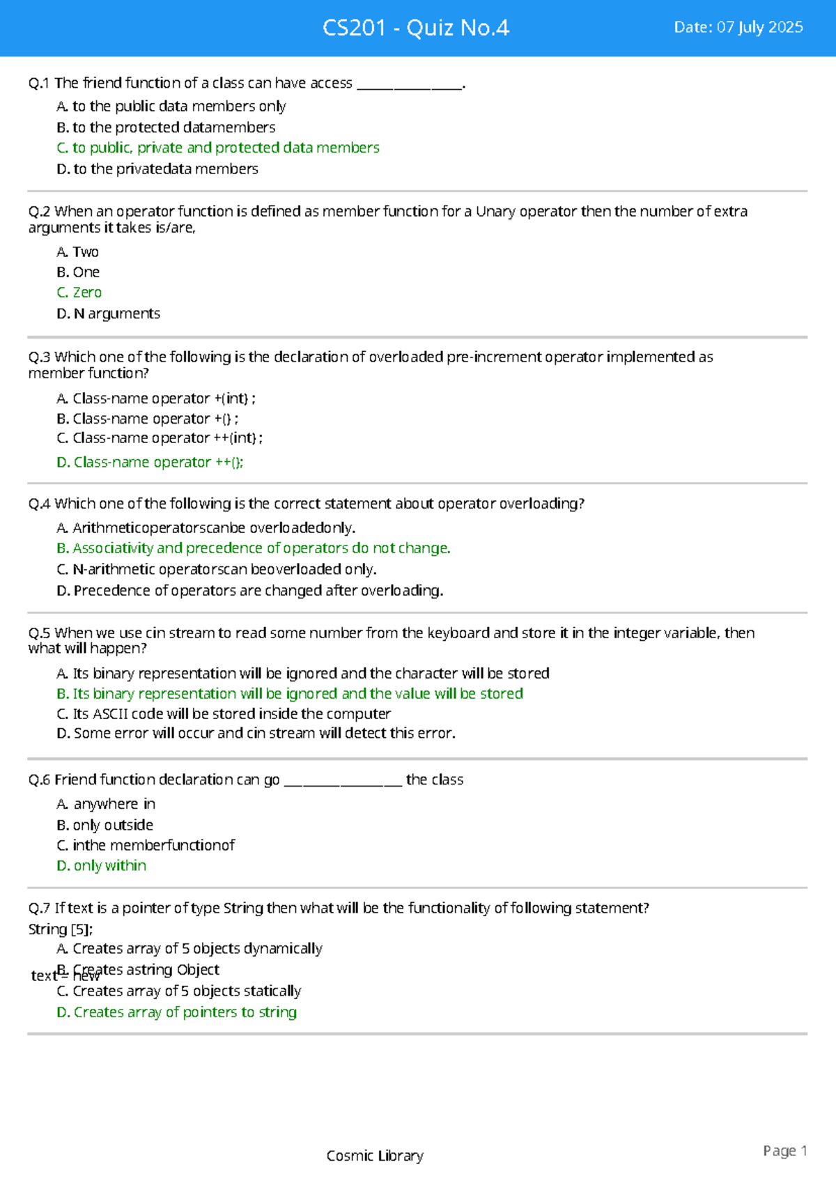 Quiz CS201 No.4 - Key Concepts and Questions - Studocu
