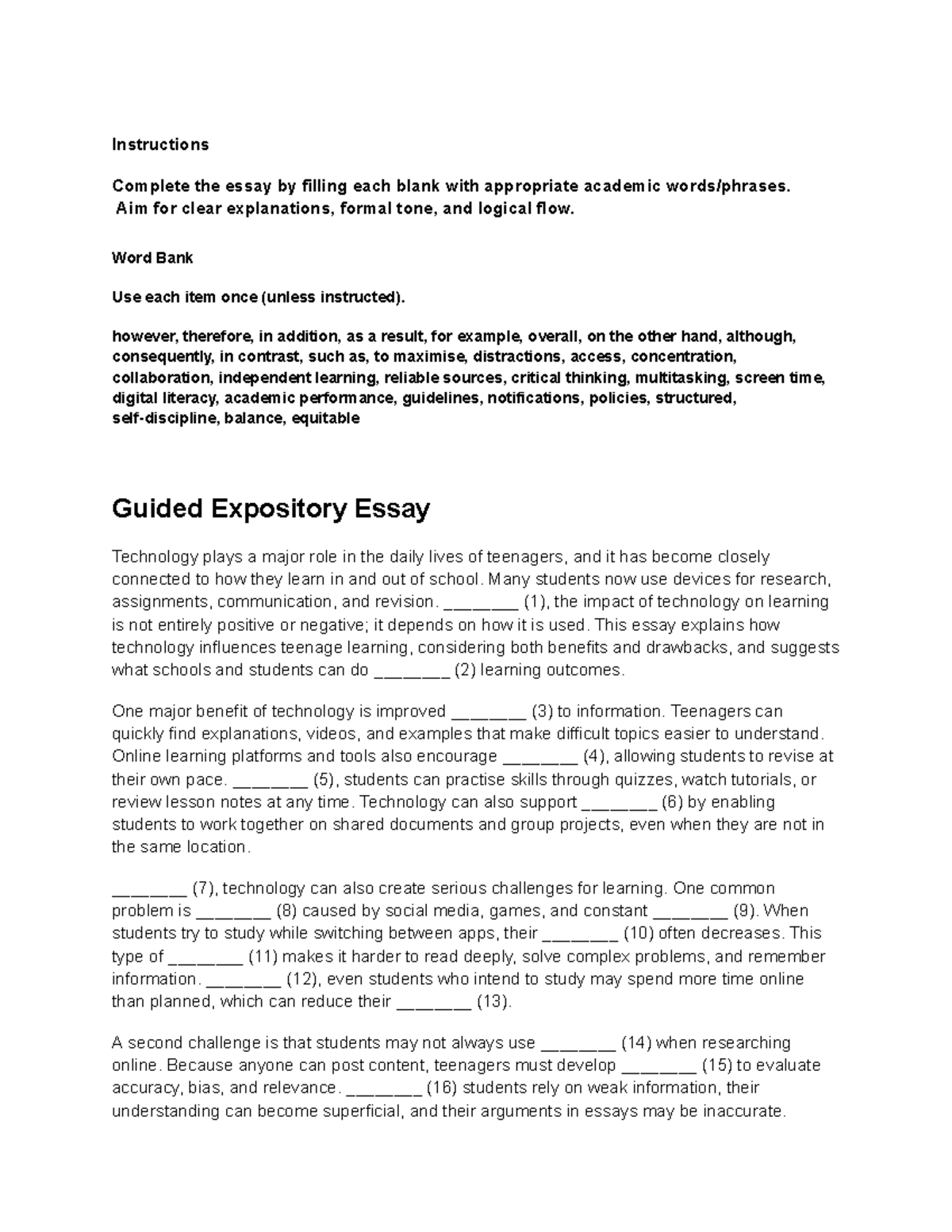 ENG101 Guided Expository Essay: The Impact of Technology on Teen ...