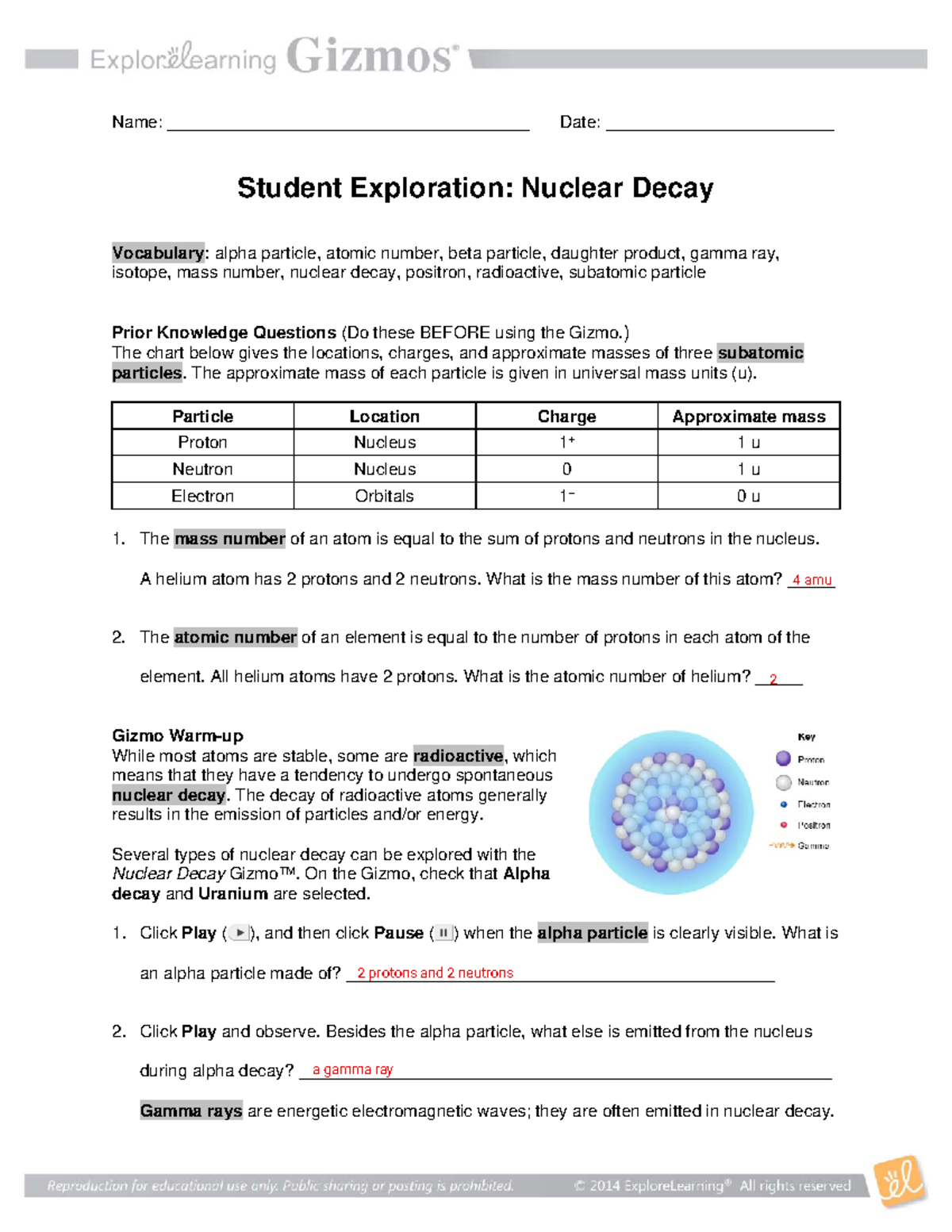 Nuclear Decay Student Exploration (SE) Guide: Understanding Decay Types ...