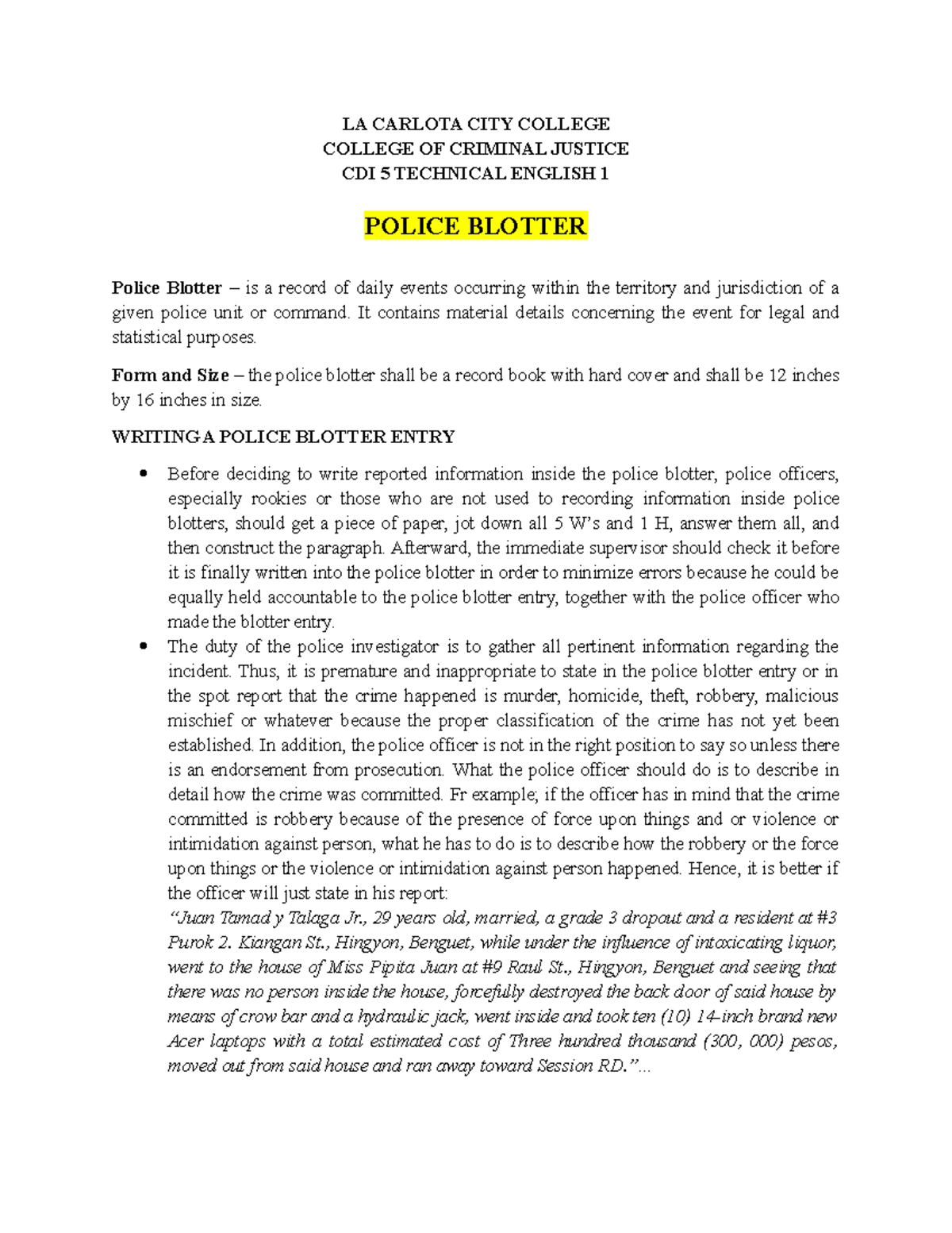 Police Blotter Procedures and Writing Guide - CDI 5 - Studocu