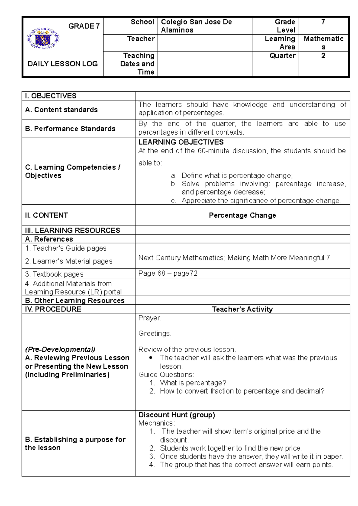 Grade 7 Math Daily Lesson Plan: Understanding Percentages - Studocu