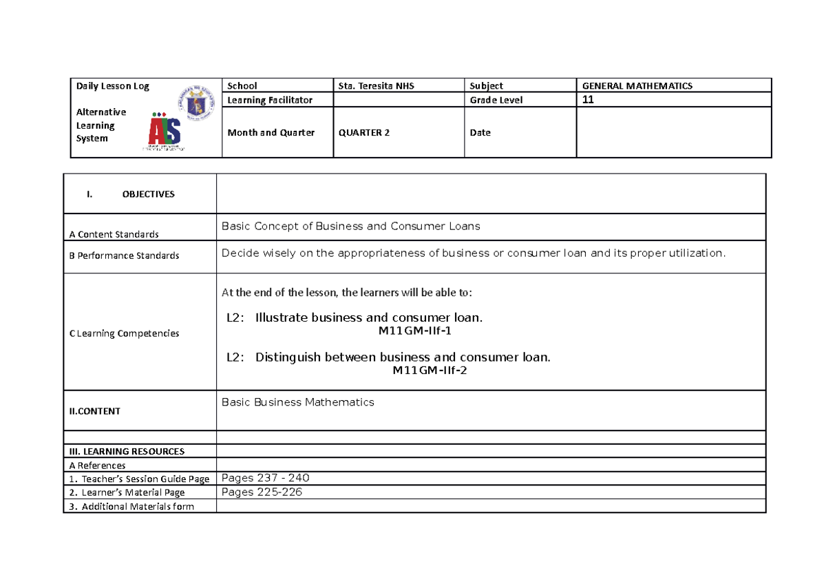 General Mathematics Lesson Log: Business & Consumer Loans (Grade 11 ...