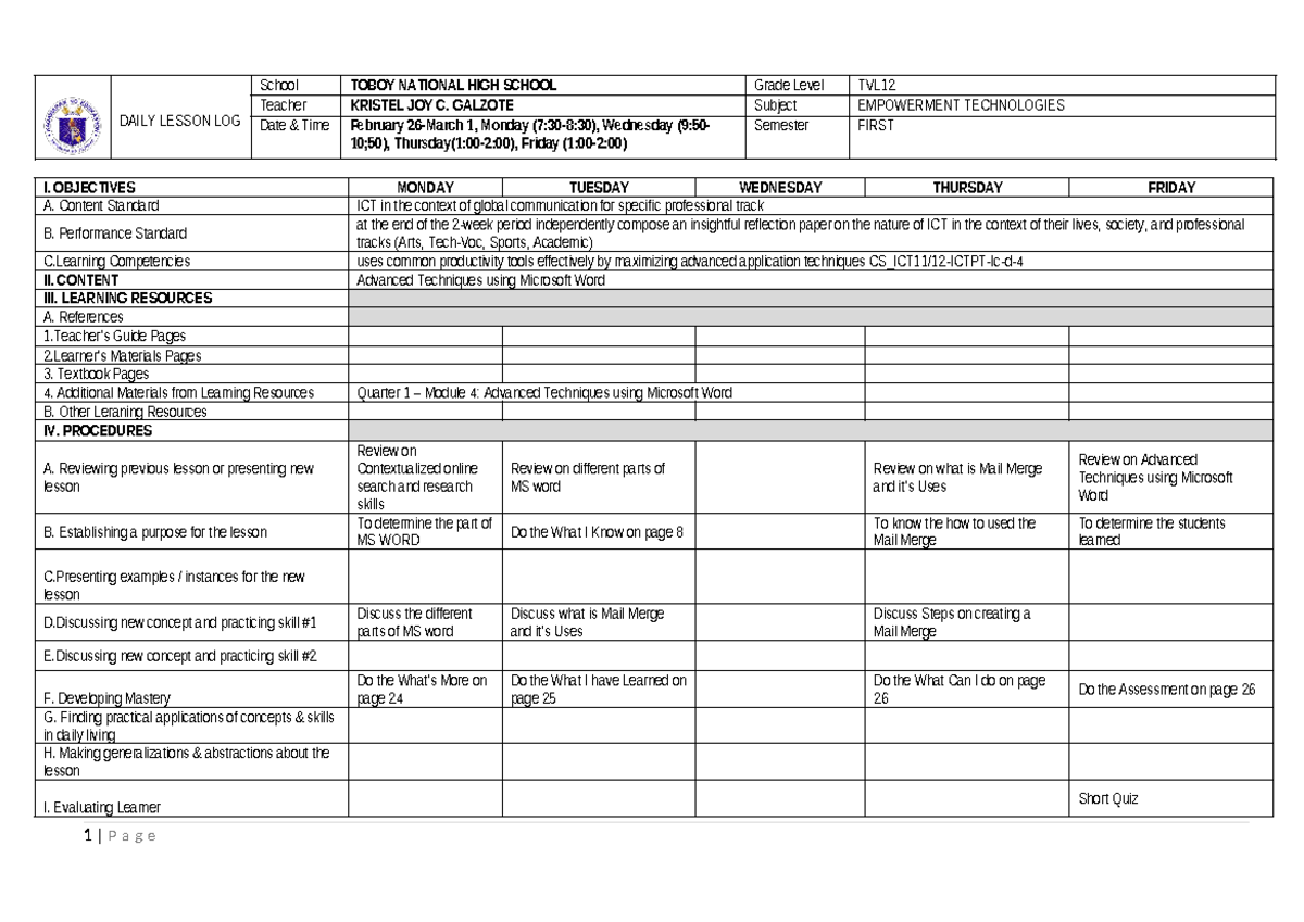 Empowerment Technology Lesson Plan - Week 4 (TVL) - Studocu