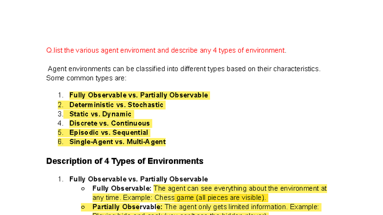 AI2ANS - Types of Agent Environments and Their Characteristics - Studocu