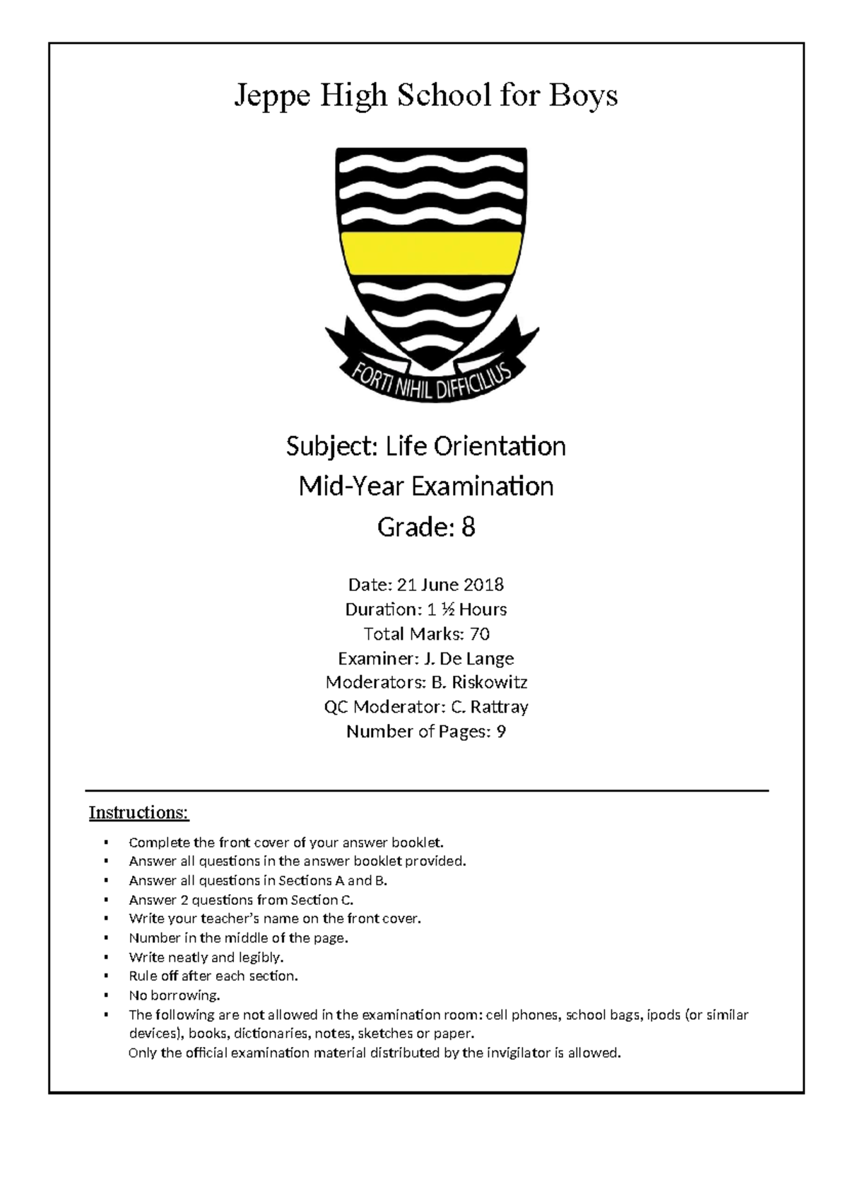 Life Orientation Exam Paper - Grade 8 (2018) - Jeppe High School - Studocu