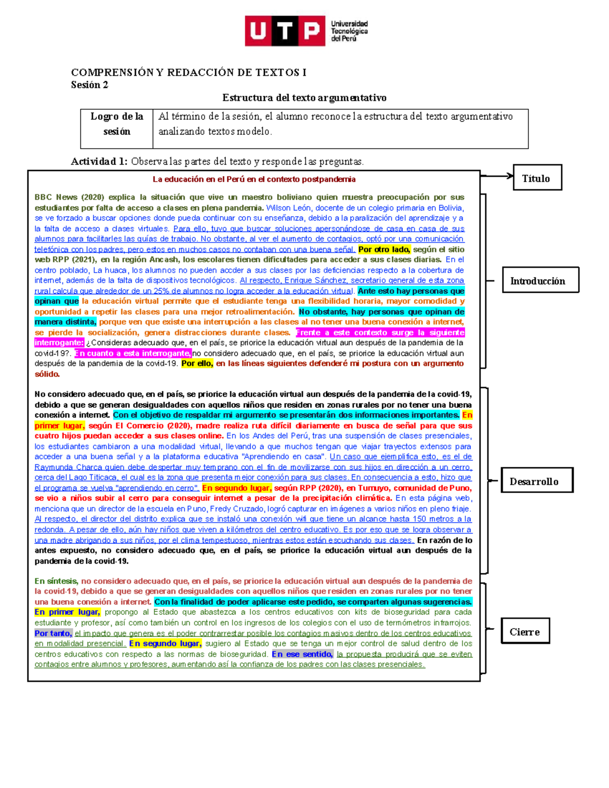COMPRENSIÓN Y REDACCIÓN DE TEXTOS I - Sesión 2: Estructura del Texto ...