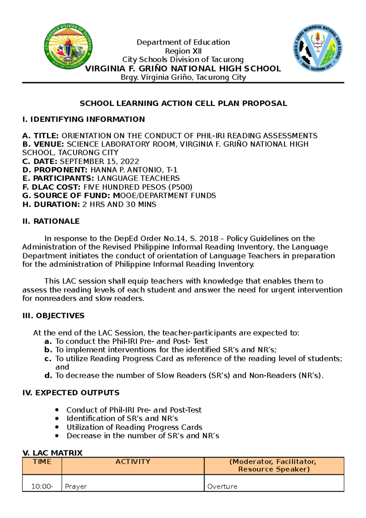 LAC Proposal - Department of Education Region XII City Schools Division ...